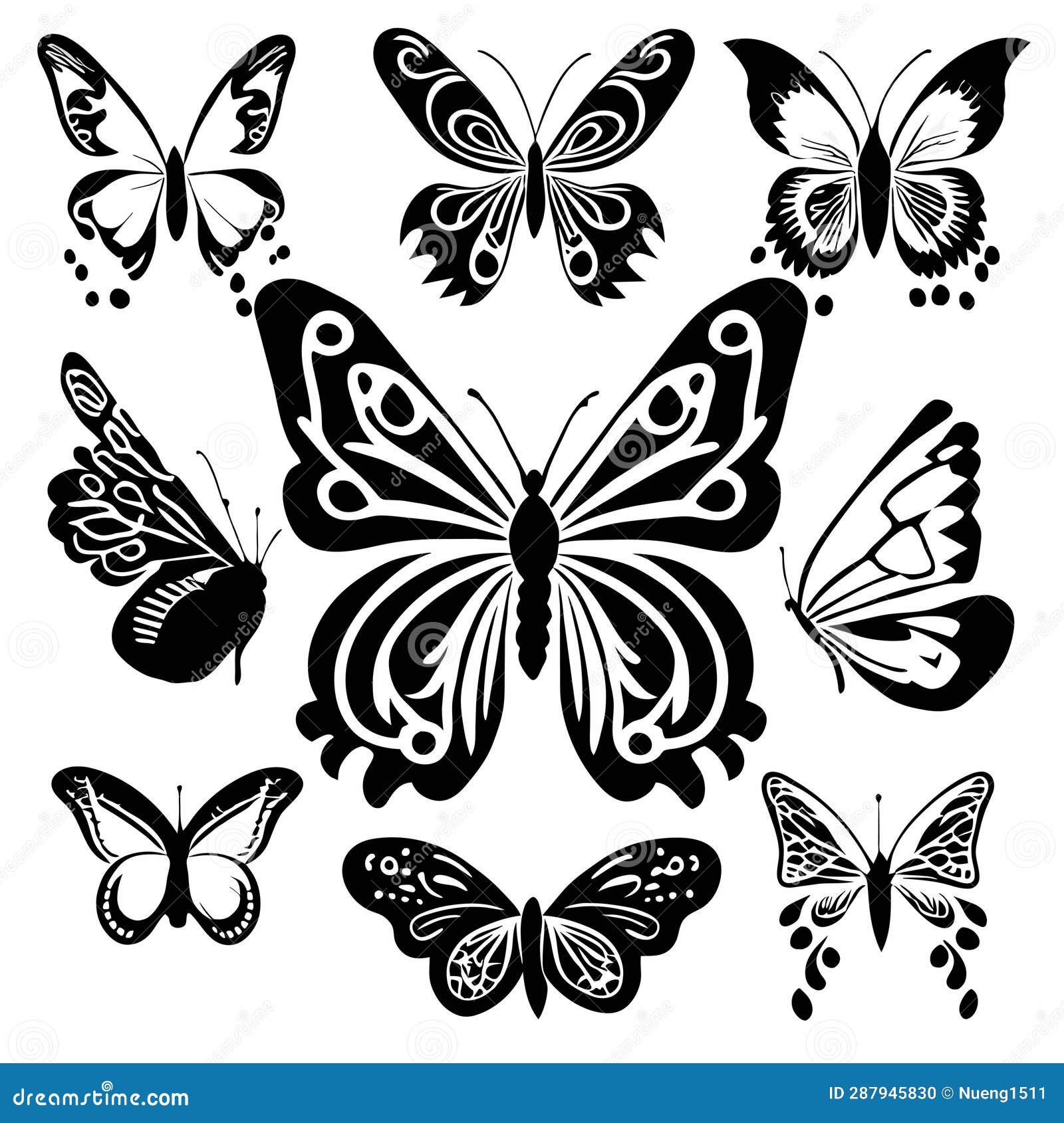 Fantasy Drawing Batterfly Papillon Silhouette Outline Stock Vector ...