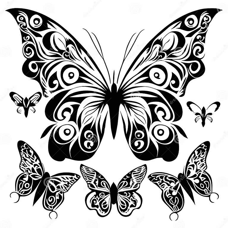 Fantasy Drawing Batterfly Papillon Silhouette Outline Stock Vector ...