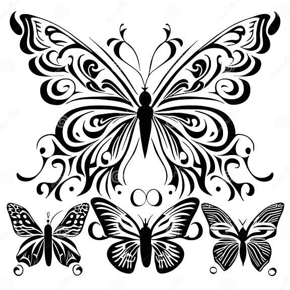 Fantasy Drawing Batterfly Papillon Silhouette Outline Stock Vector ...