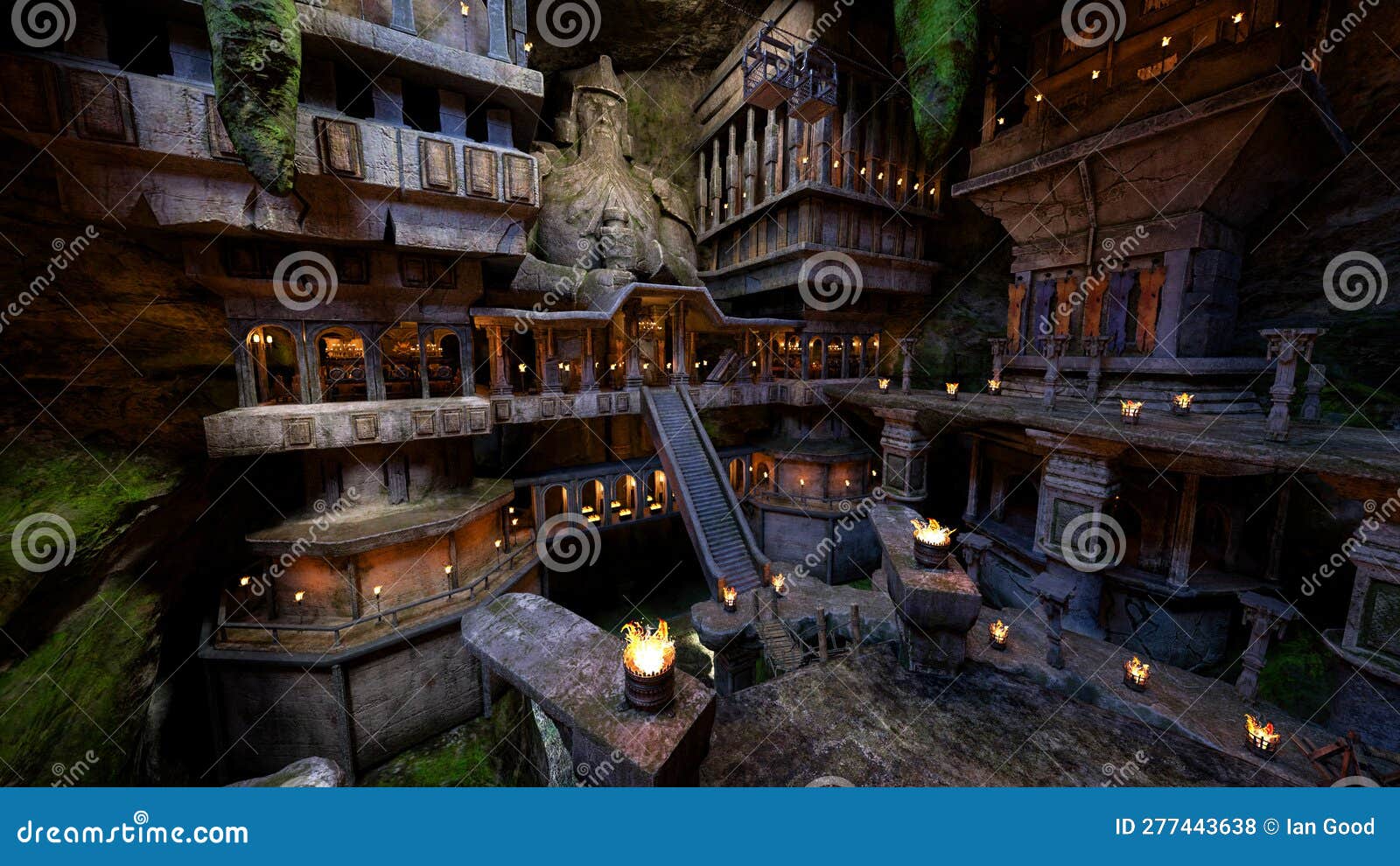 Fantasy Dwarf Mine in a Large Cave Under a Mountain. 3D Rendering Stock ...