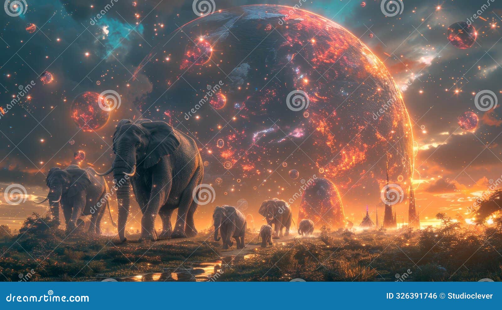Fantasy Elephants Walking Under a Glowing Cosmic Sky - Generative Ai ...