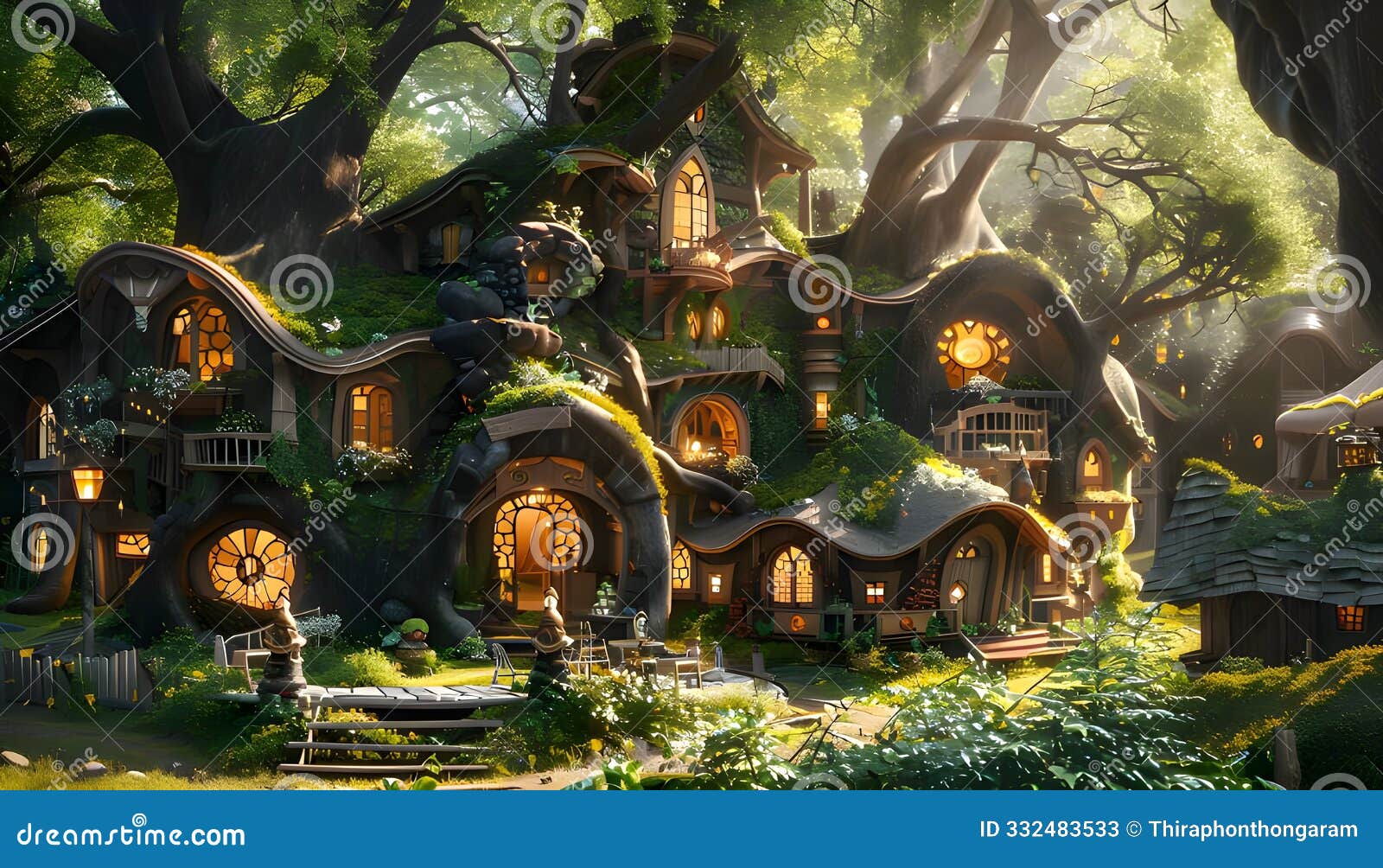 Fantasy Elf village stock illustration. Illustration of park - 332483533