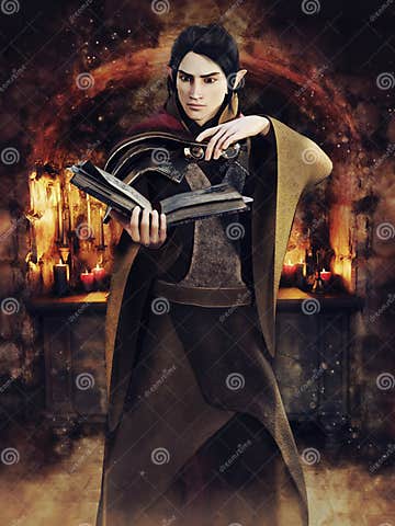 Fantasy Elf Wizard with a Book of Spells Stock Illustration ...