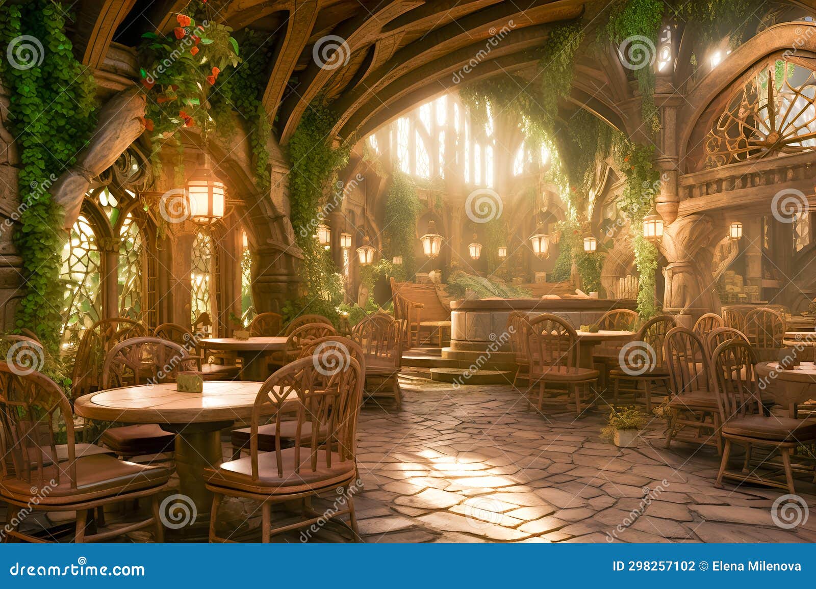 Fantasy elvish tavern stock photo. Image of beroom, interior - 298257102