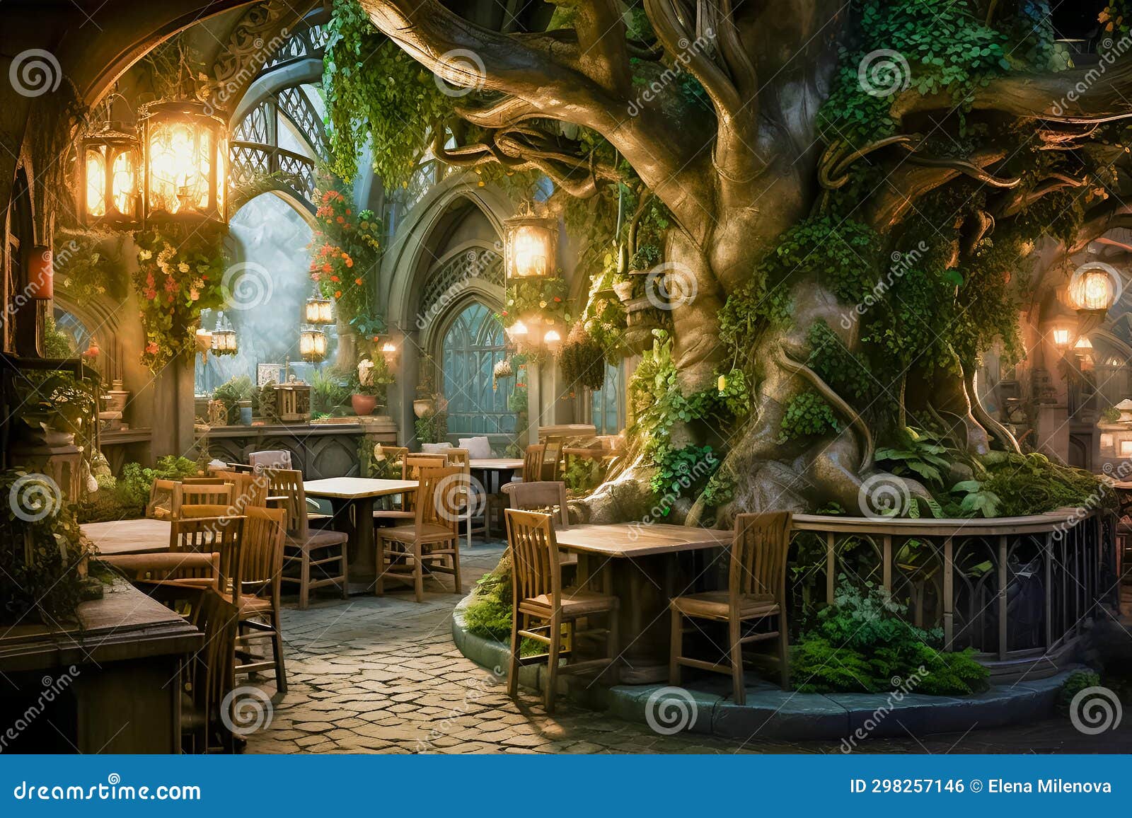 Fantasy Elvish Tavern with Tree Stock Photo - Image of scenics ...