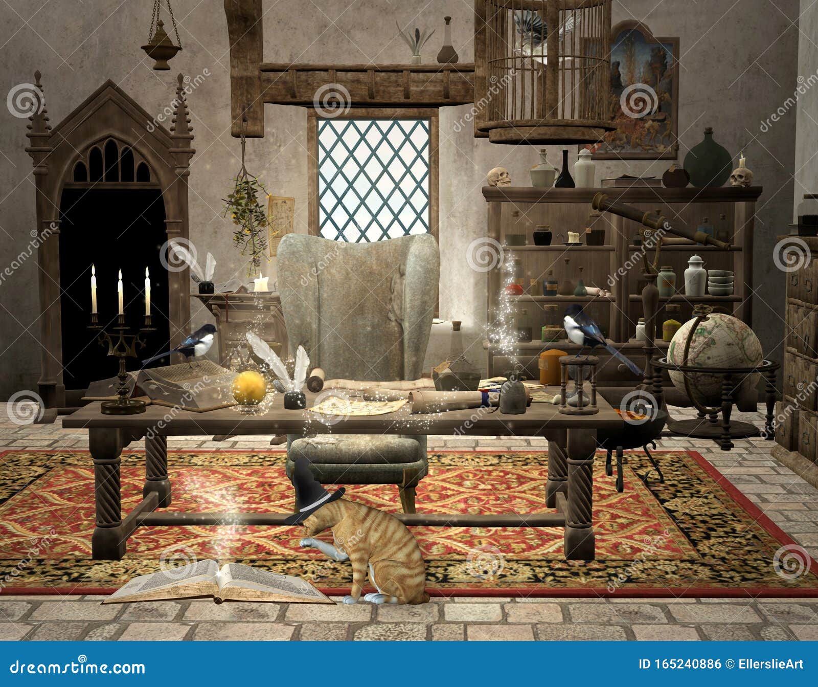 Wizard Room with a Cat Reading an Ancient Book Stock Illustration ...