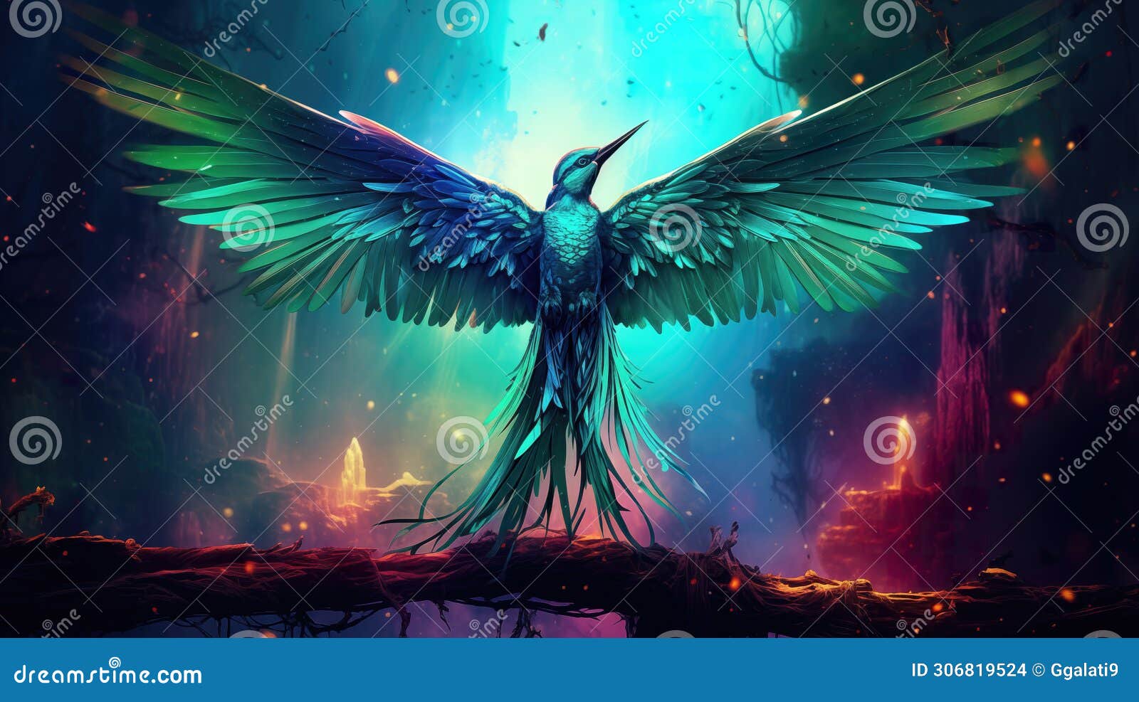 Fantasy Epic Shining Blue Bird Showing Its Wings Stock Illustration ...