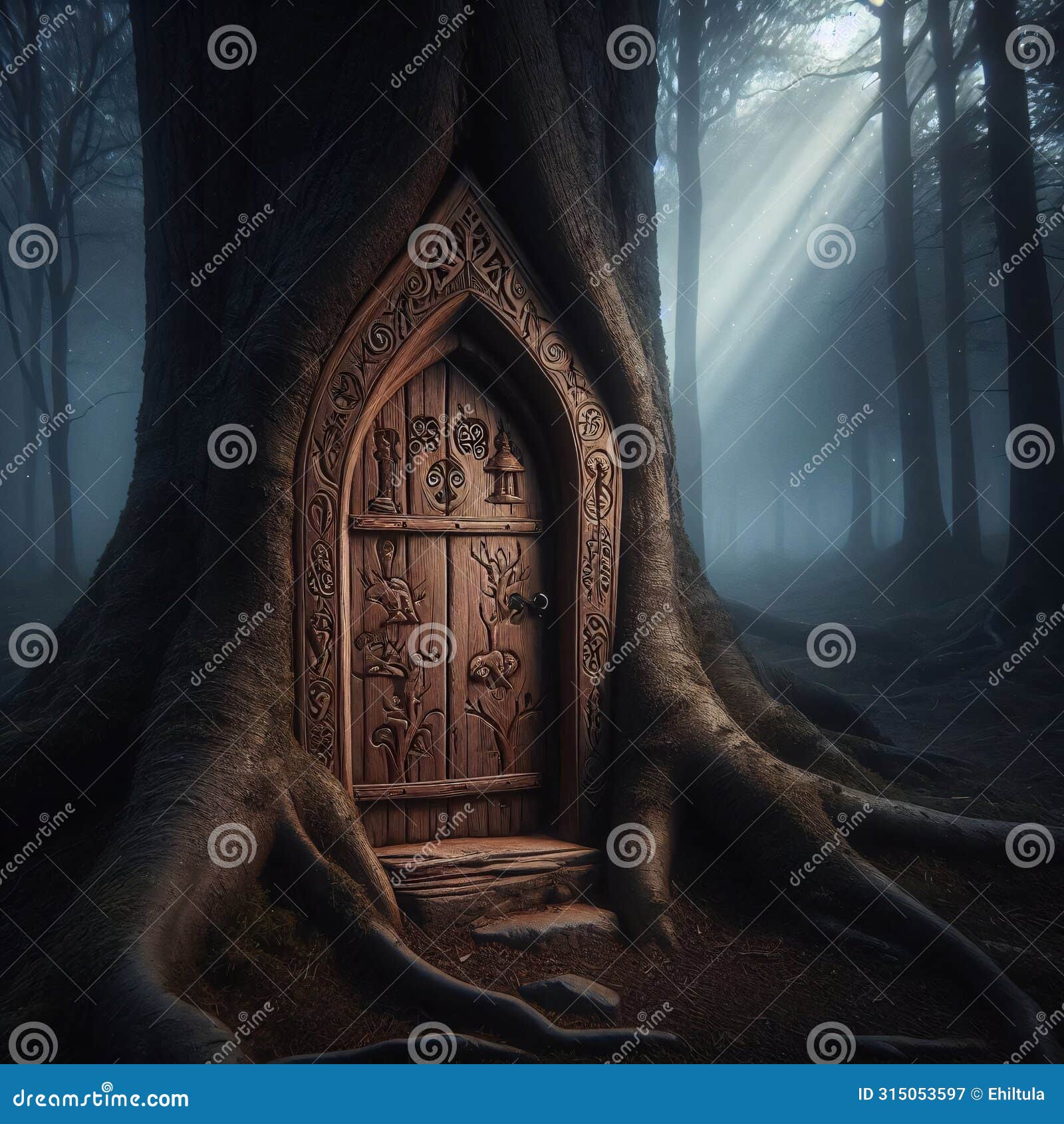 Fantasy Fairy Tale Door in a Tree Trunk in Dark Forest Stock ...