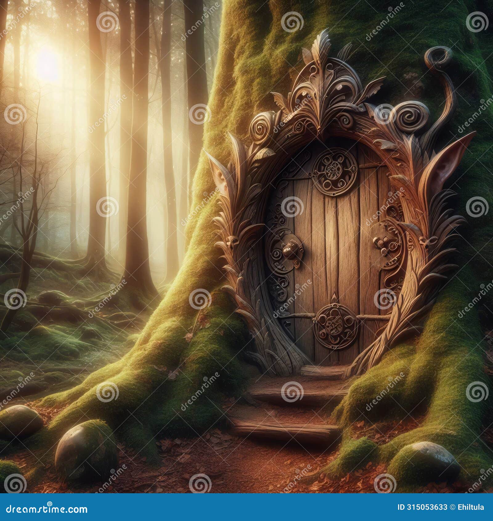 Fantasy Fairy Tale Door in a Tree Trunk in Forest Stock Illustration ...