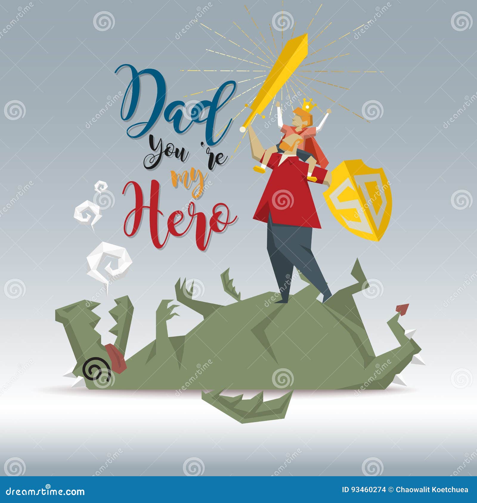 Fantasy Father`s Day Concept Father And Son Help Conquer The Dra Vector ...