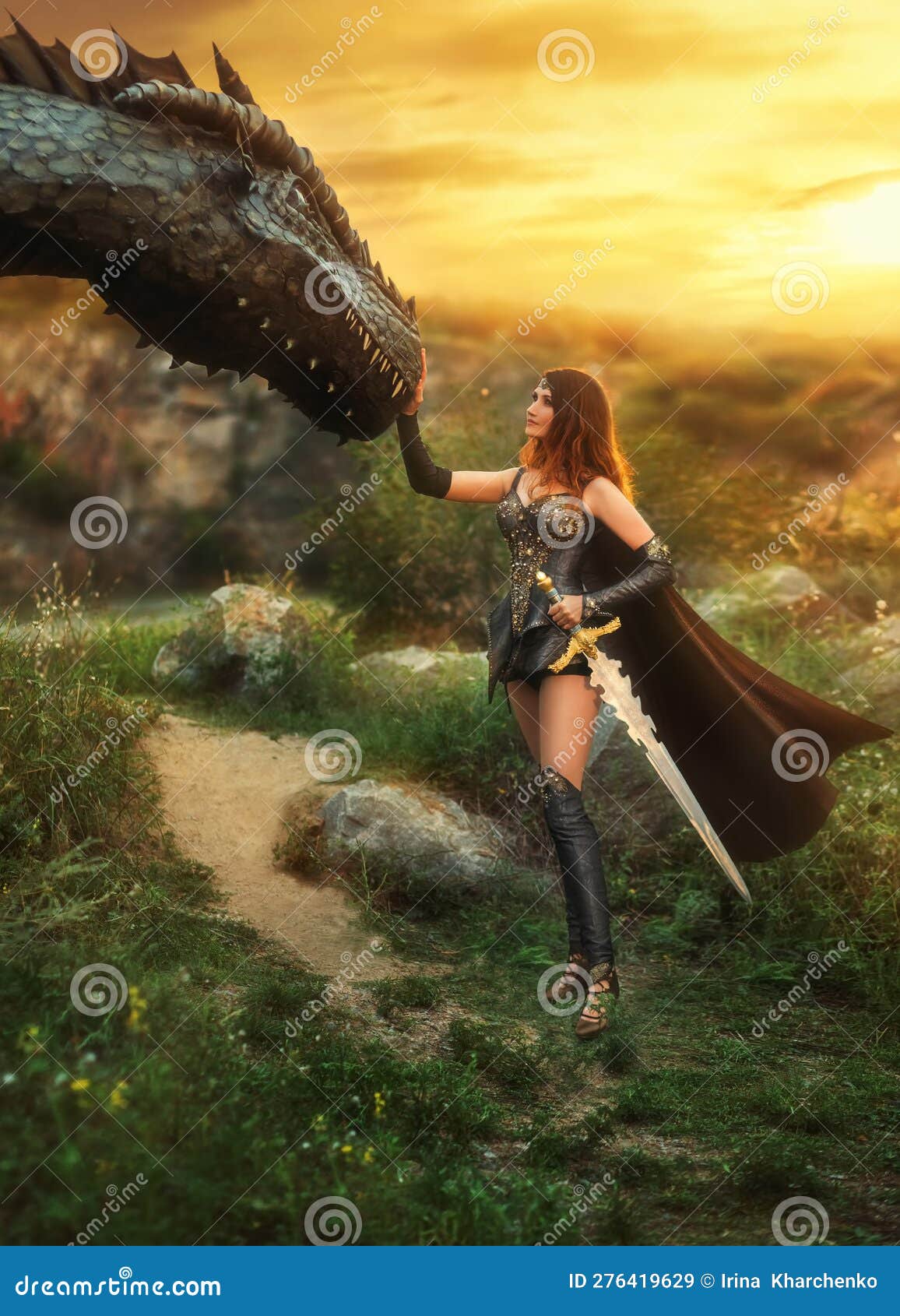 Fantasy Female Warrior Holding Sword Hand Touches Dragon. Green Grass ... Fantasy Female Warrior Holding Sword Hand Touches Dragon. Green Grass ...