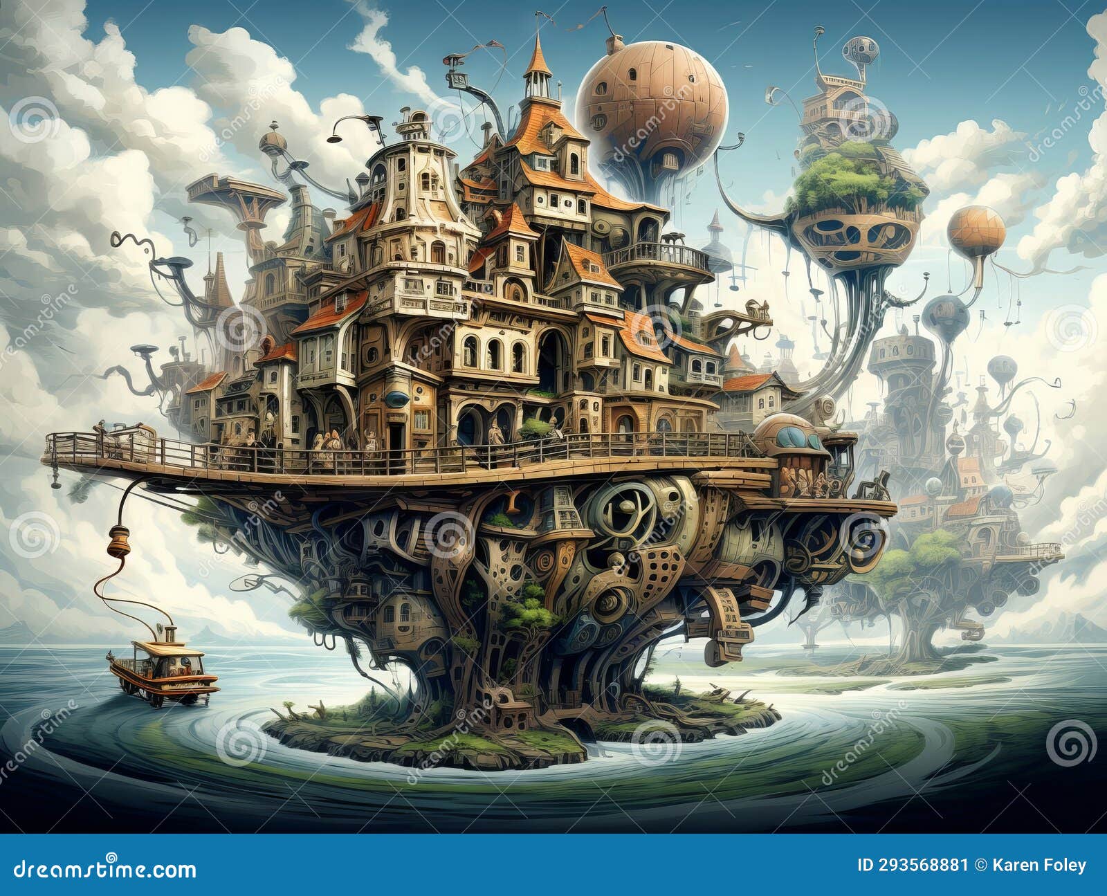 Fantasy floating cities stock illustration. Illustration of futuristic ...