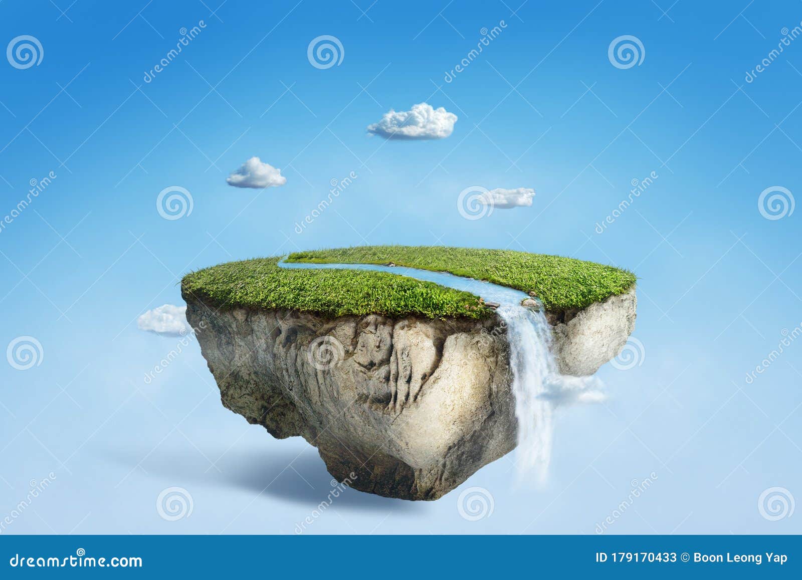 Fantasy Floating Island with River Stream on Green Grass Stock ... Fantasy Floating Island with River Stream on Green Grass Stock ...