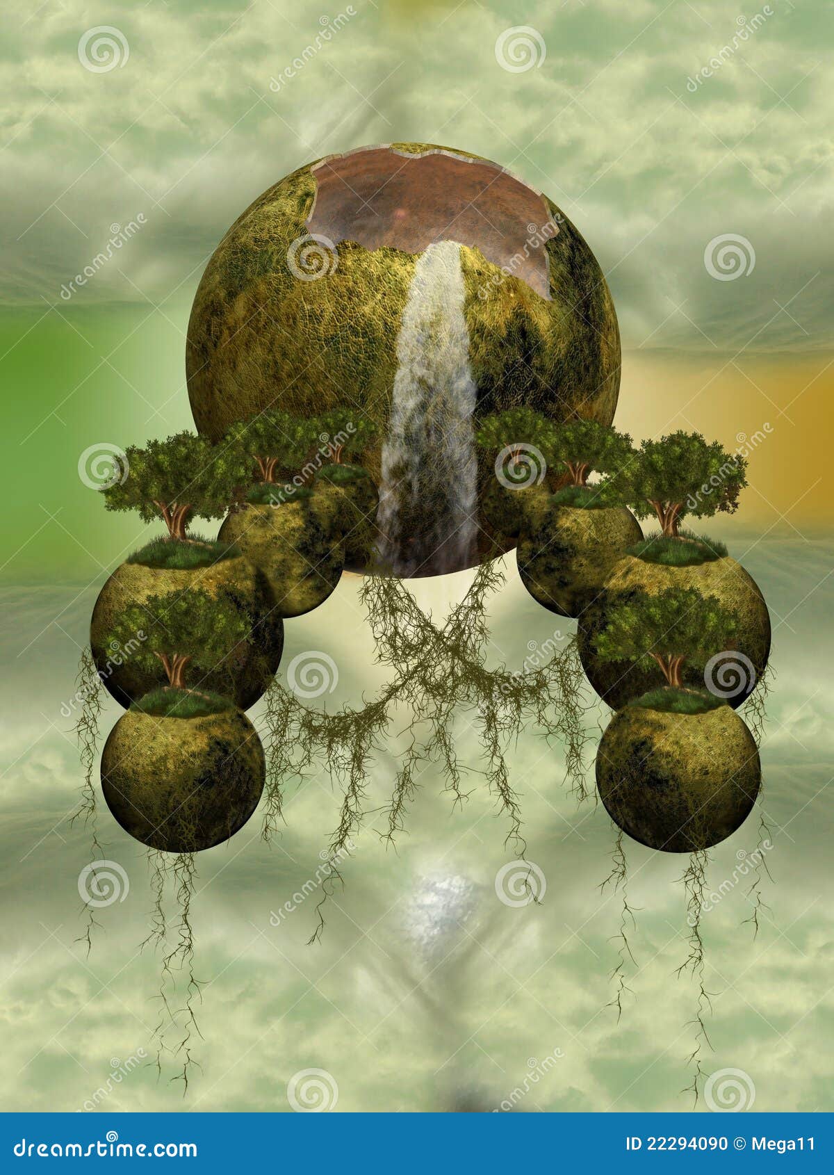 Fantasy Floating Island With River Stream On Green Grass Isolated On ...