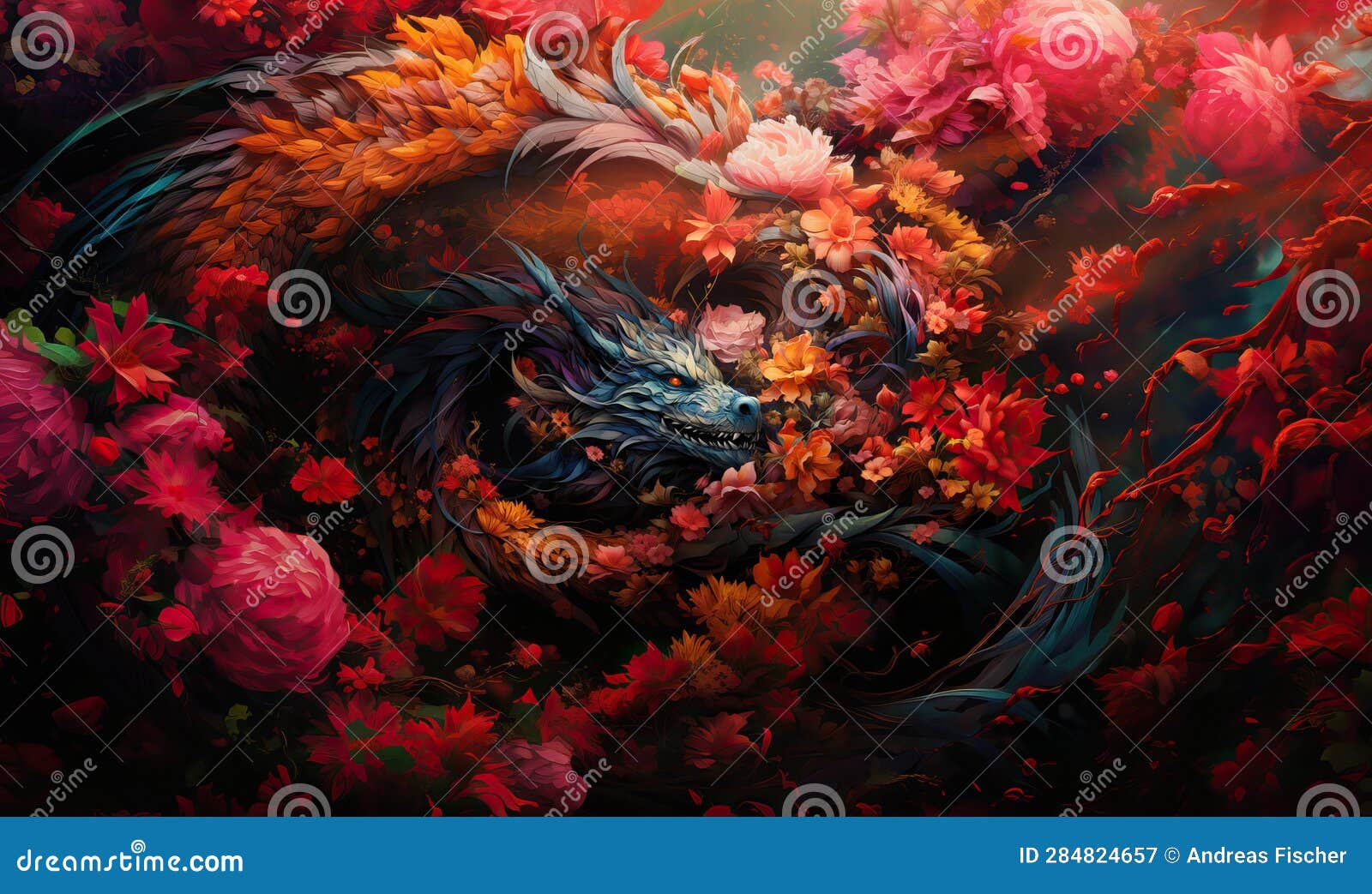 Fantasy Floral Dragon on a Colorful Floral Background. Stock ...