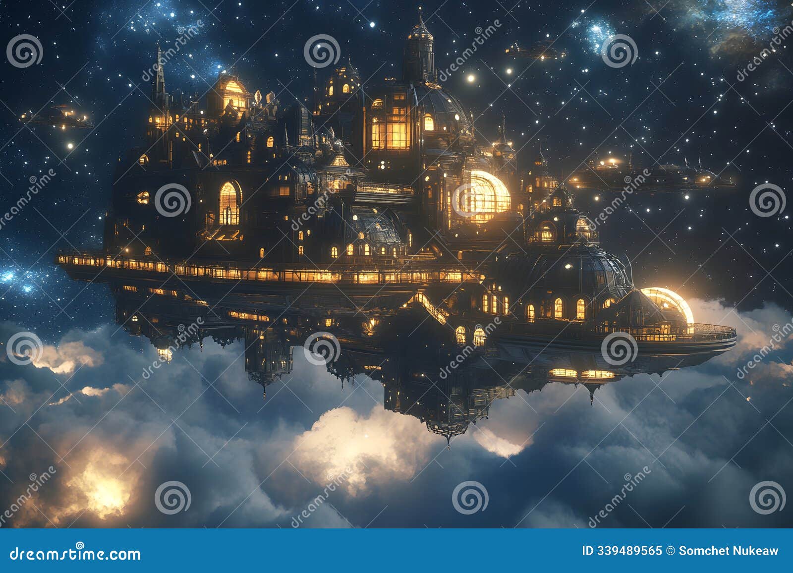 Fantasy Flying Castle in the Night Sky Above the Clouds Stock ...