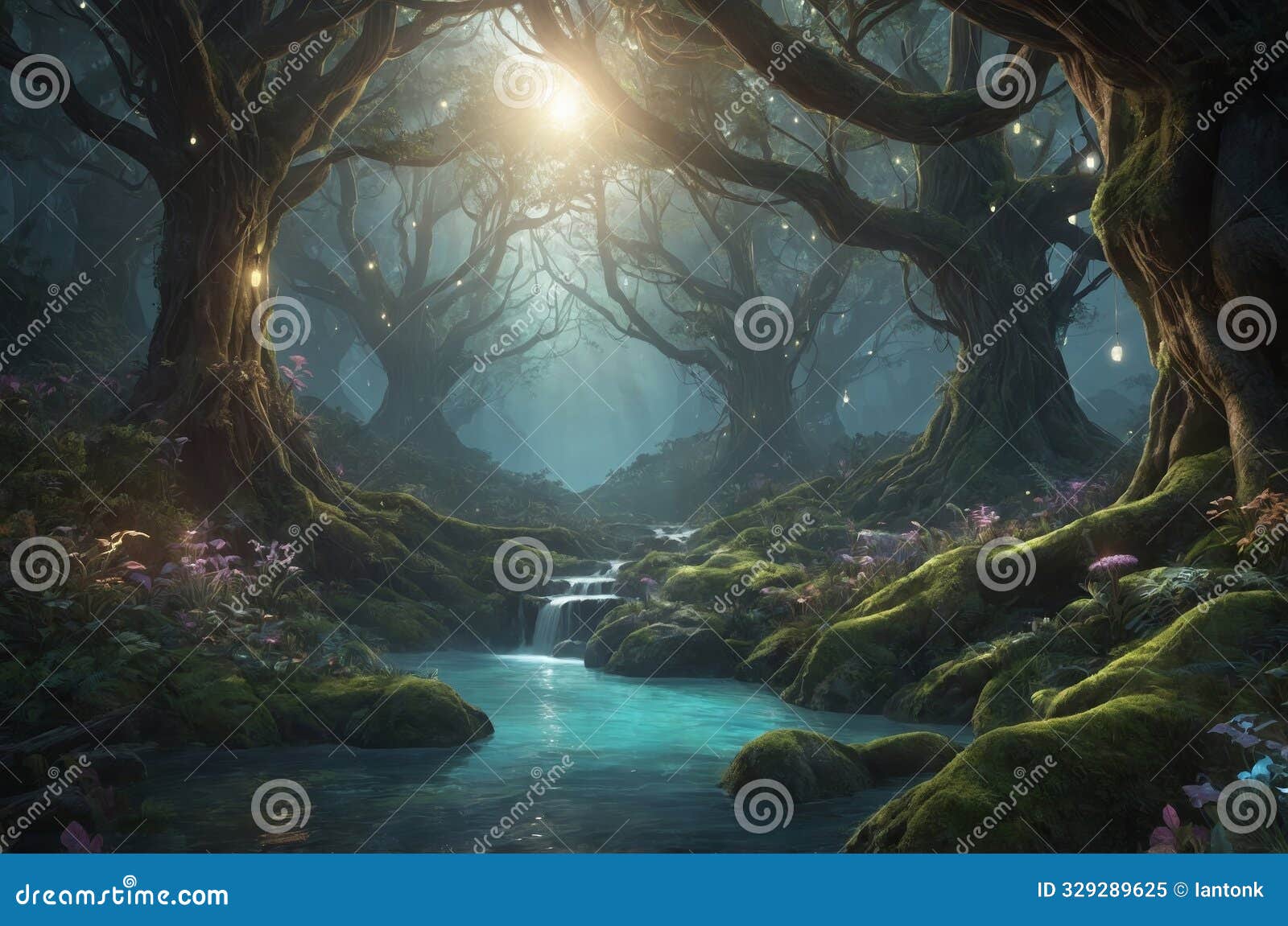 Fantasy Forest with Enchanted Trees and Glowing Creatures Stock ...