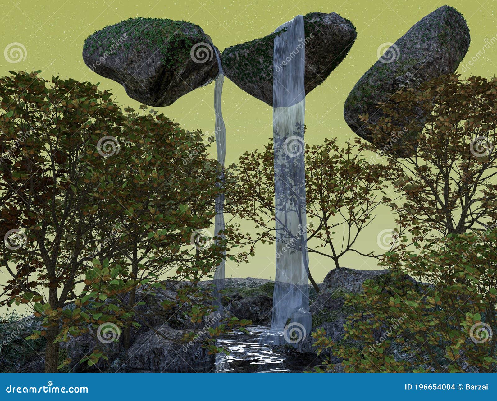 Fantasy Forest with Flying Rocks. Stock Illustration - Illustration of ...