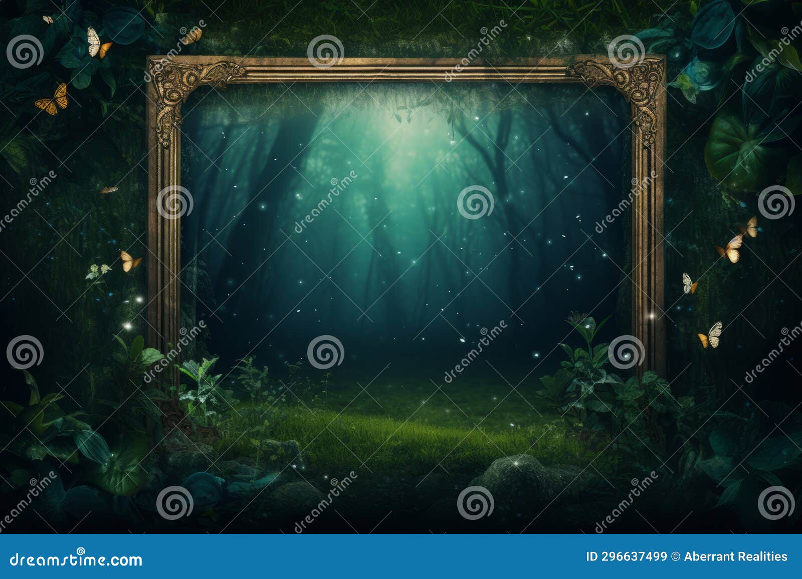 Fantasy Forest Frame with Butterflies and Flowers Stock Illustration ...