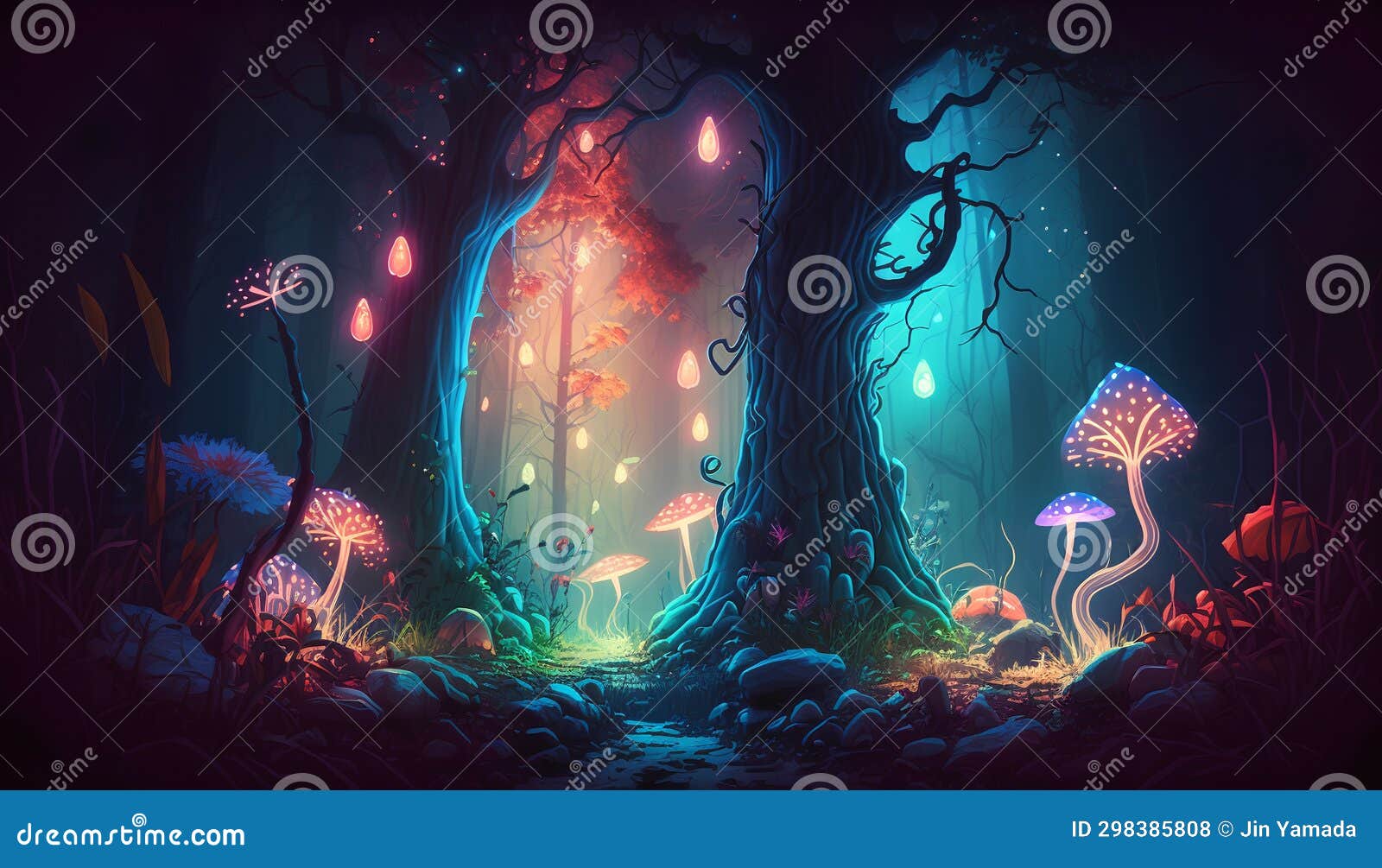 Fantasy Forest with Magic Trees and Mushrooms at Night. Vector ...