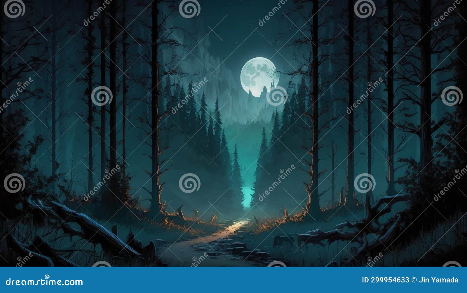 Fantasy Forest at Night with Full Moon in the Sky, Vector Illustration ...