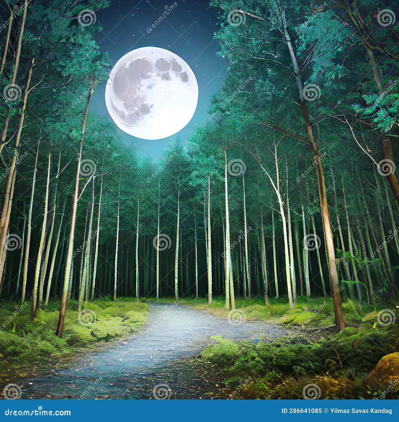 Fantasy Forest at Night with Full Moon in the Sky. Stock Illustration ...