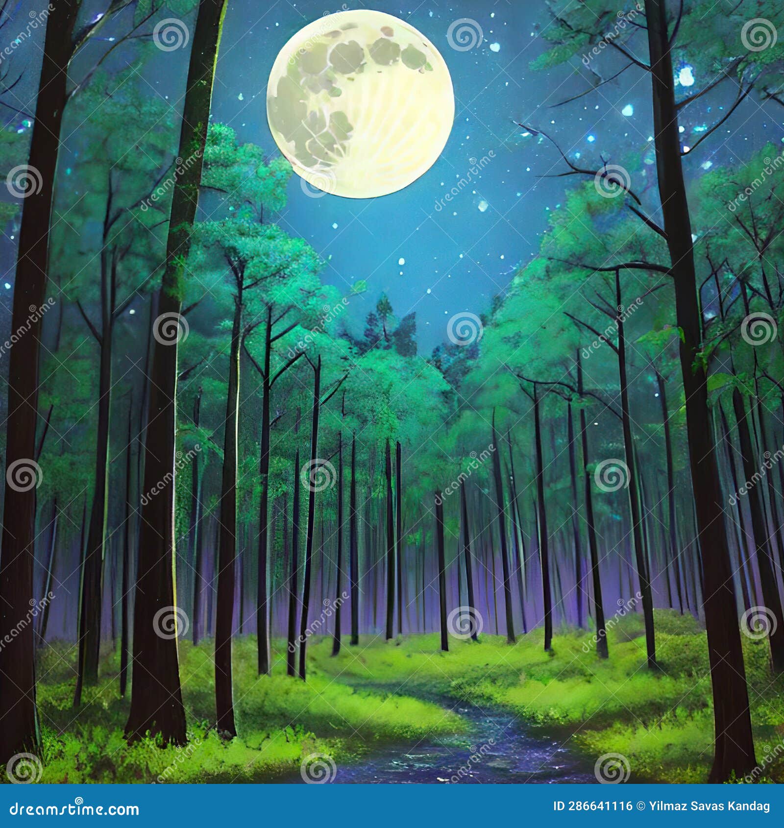 Fantasy Forest at Night with Full Moon in the Sky. Stock Illustration ...