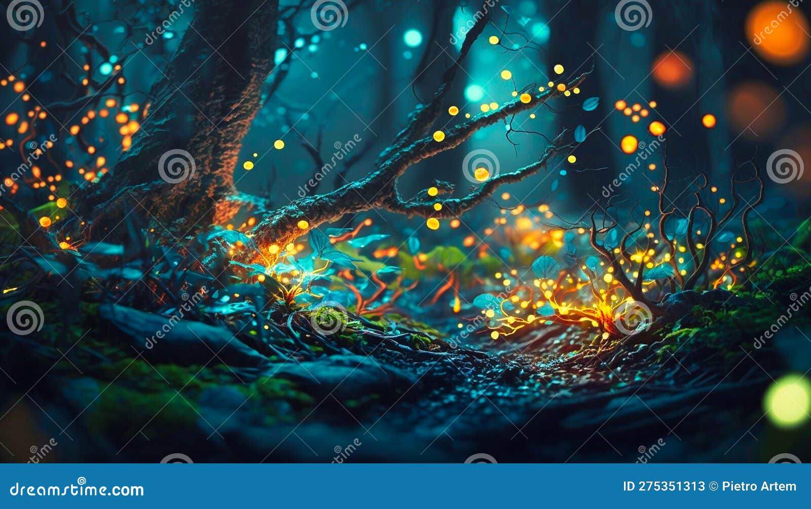 Fantasy Forest at Night Magic Lights and Fireflies, Generative AI Stock Illustration ...