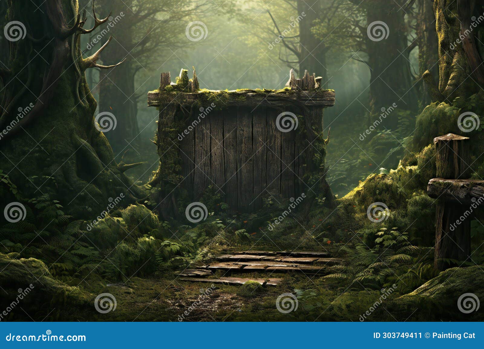 Fantasy Forest with Old Wooden Bench Stock Illustration - Illustration ...