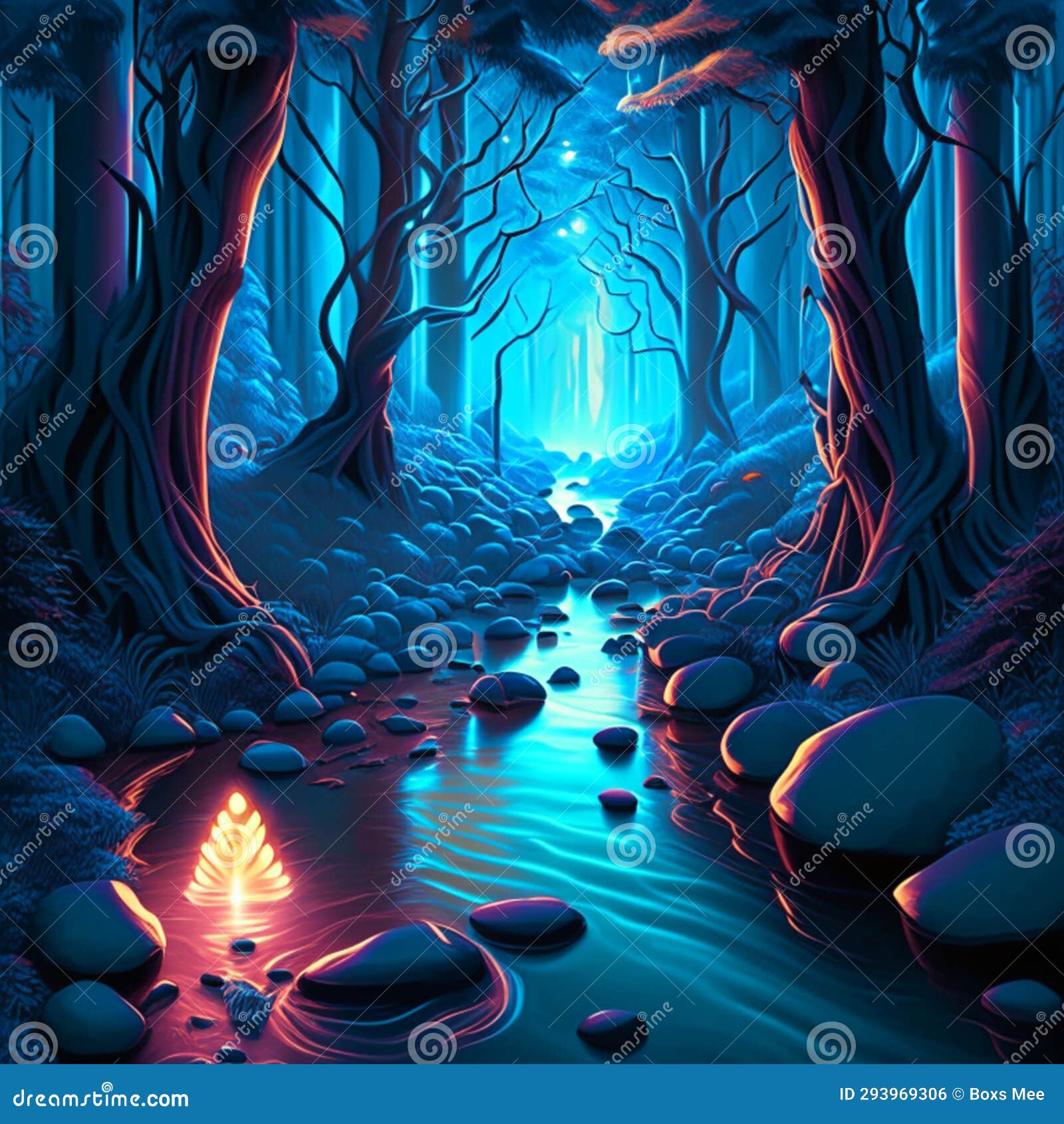 Fantasy Forest with a Path in the Middle of the River. Vector ...