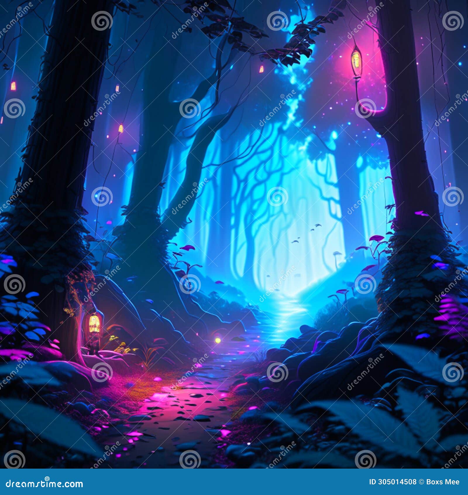 Fantasy Forest with a Path in the Night. Vector Illustration Stock ...