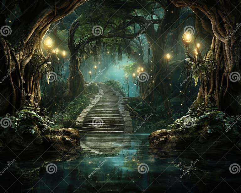 Fantasy Forest Pathway with Trees Arching Across a Dark Path. Stock ...