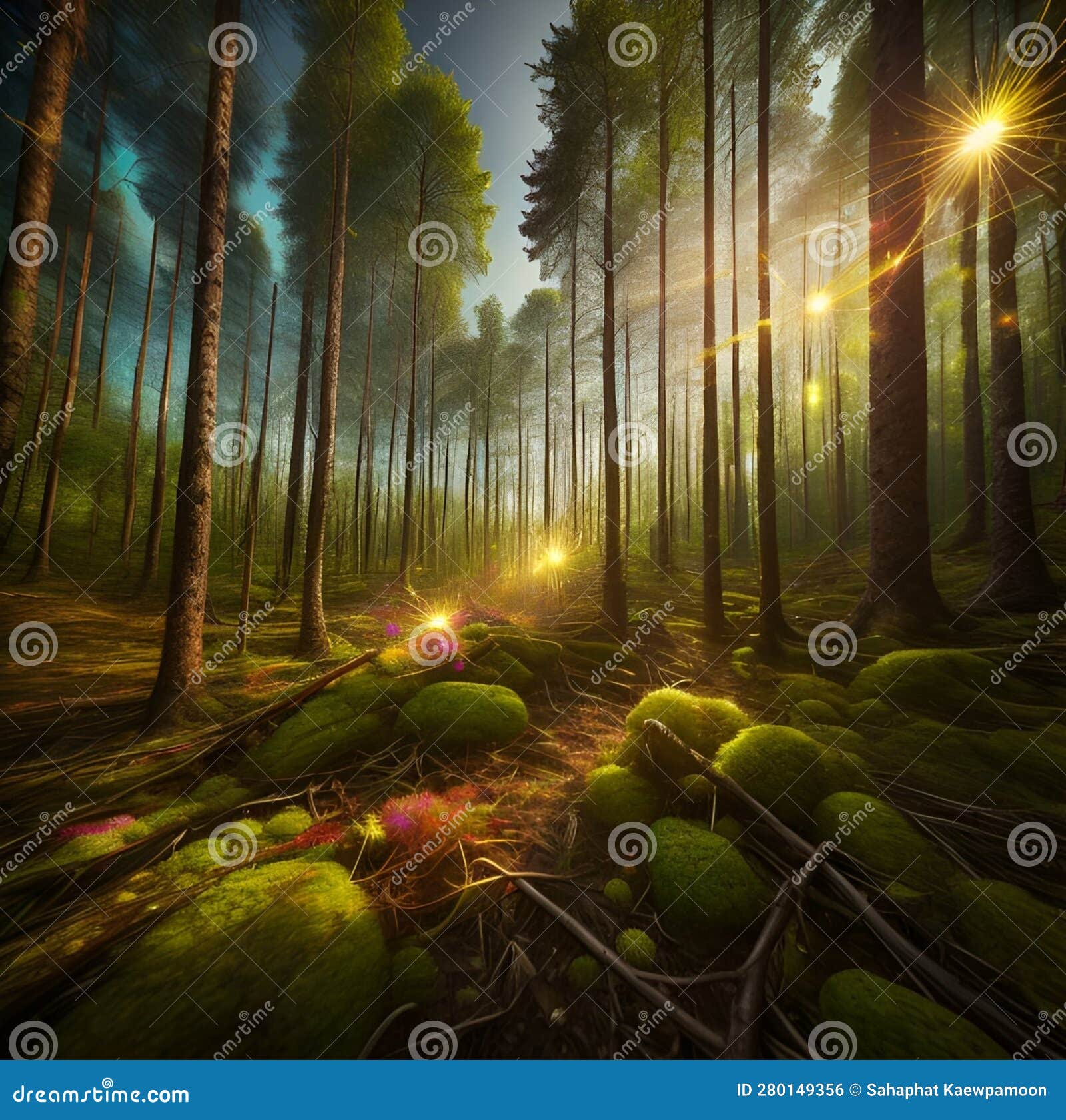 Fantasy Forest with Rays of Light in the Evening. 3d Rendering Stock ...