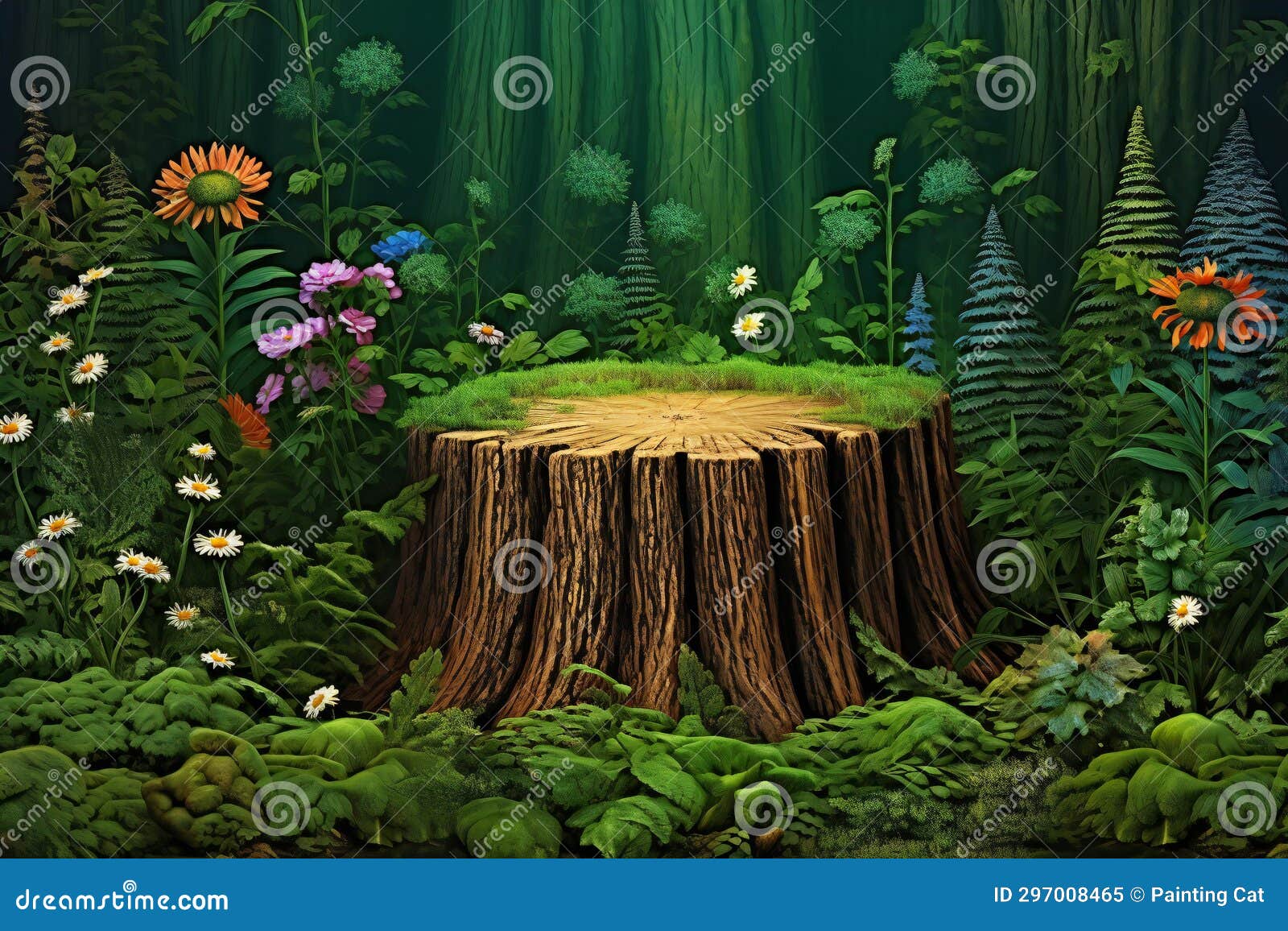 Fantasy Forest with Tree Stump and Flowers Stock Illustration - Illustration of summer, scene ...