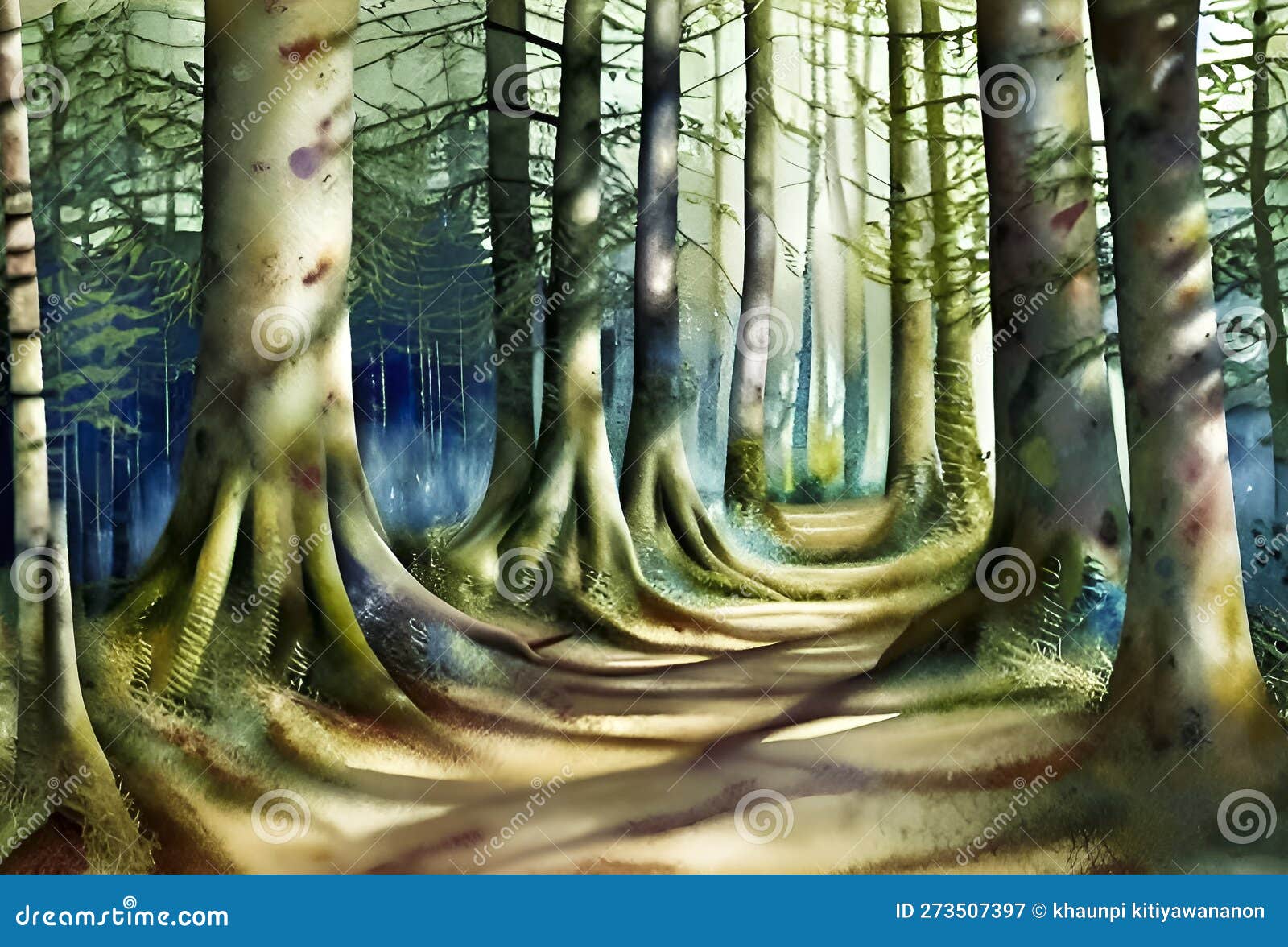 Fantasy Forest with Trees. Digital Painting Illustration Stock ...