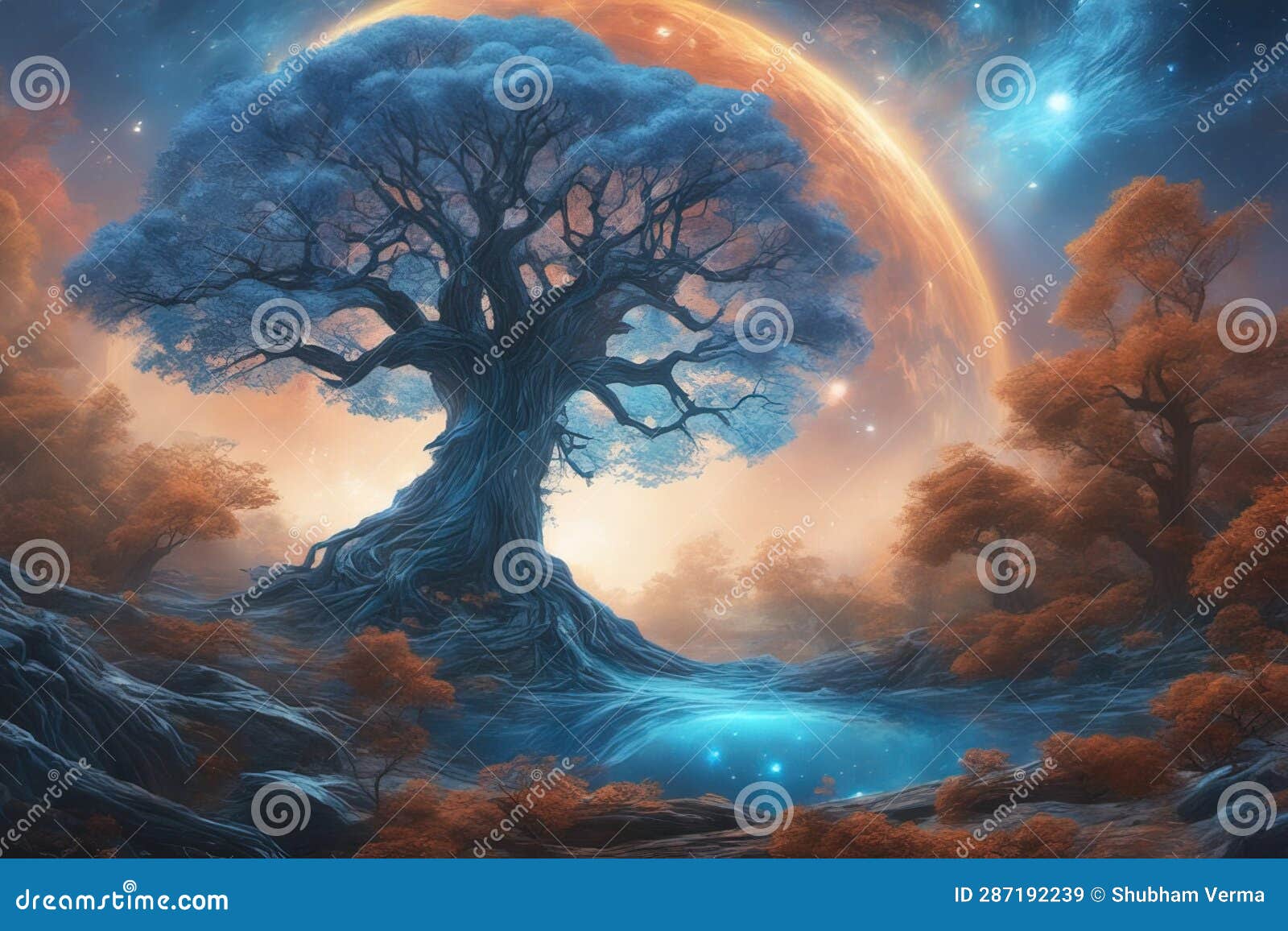 Fantasy Forest with Trees and Moon Stock Illustration - Illustration of ...
