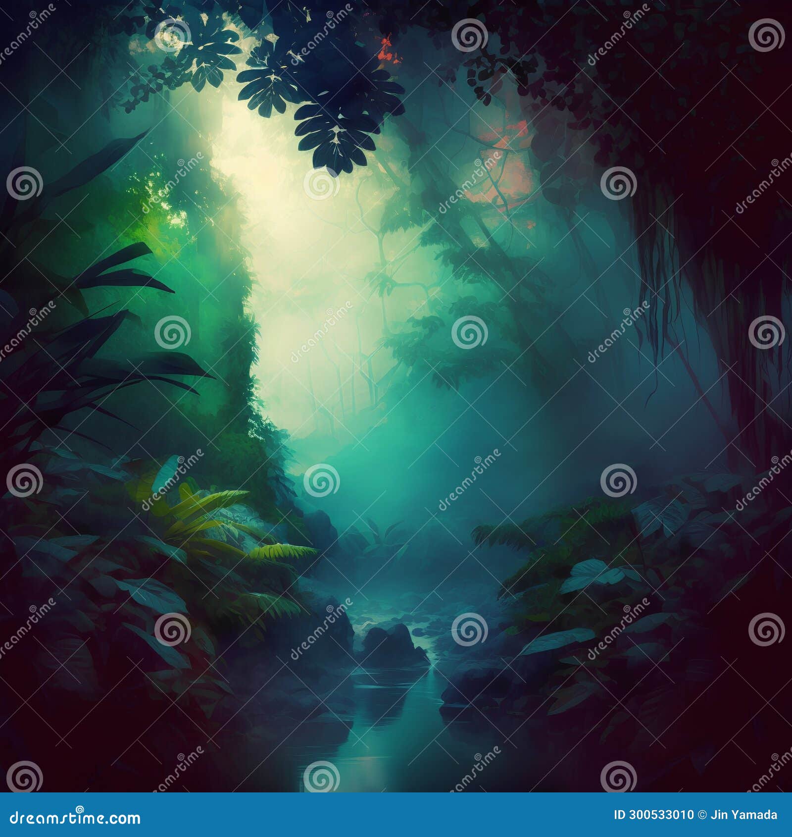 Fantasy Forest with Water Stream in the Mist. Vector Illustration Stock ...