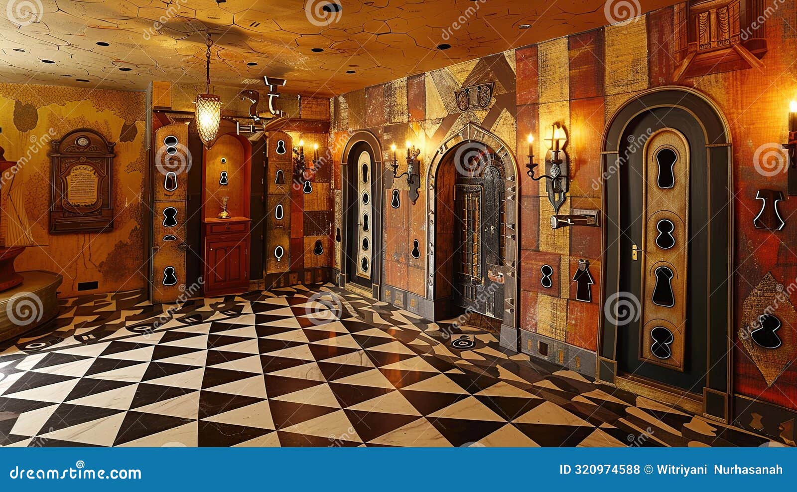 Fantasy Foyer: Chessboard Flooring and Array of Keyhole Doors ...