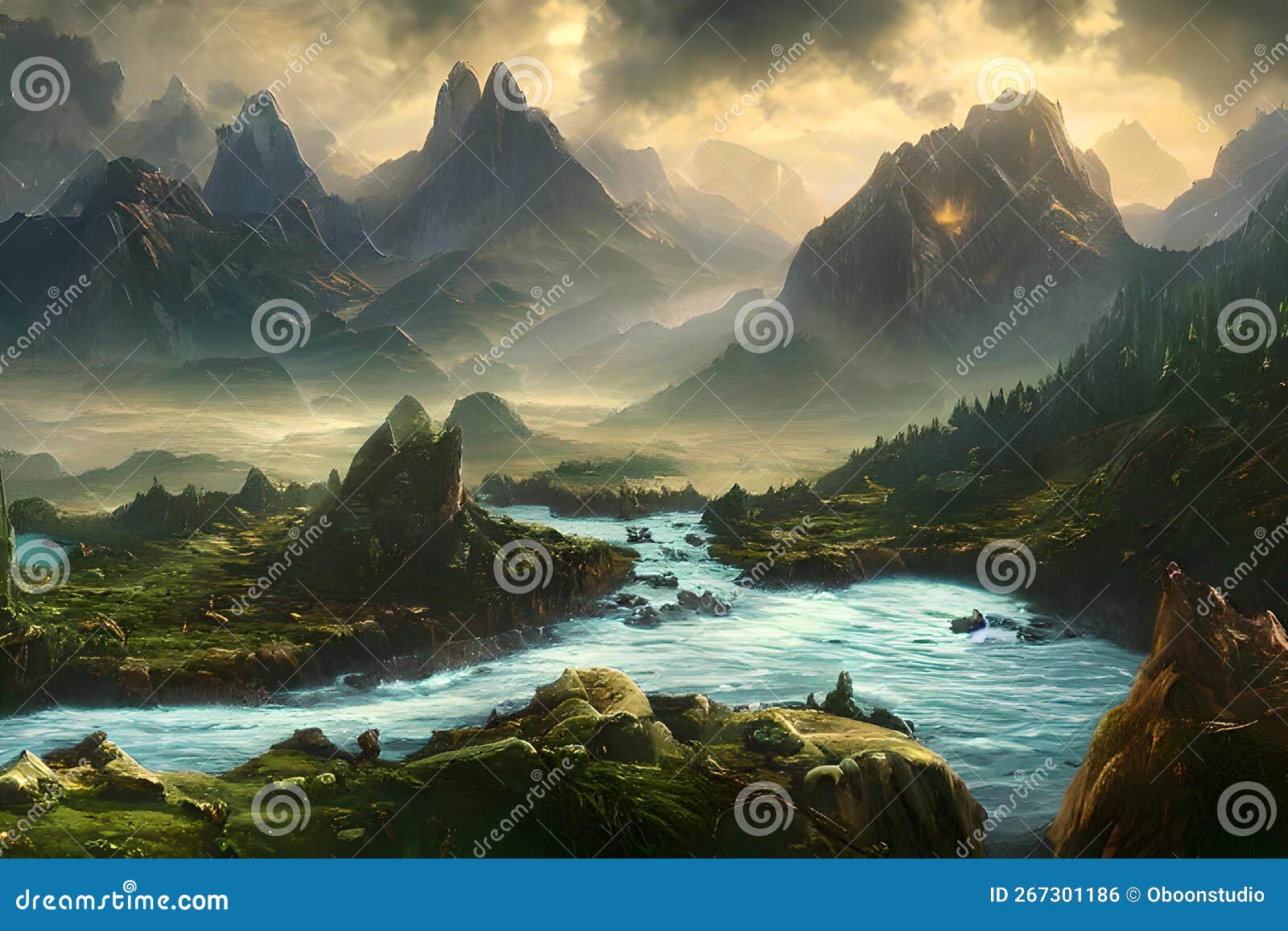 Fantasy Frontier and Forest River .Generative AI Stock Illustration ...