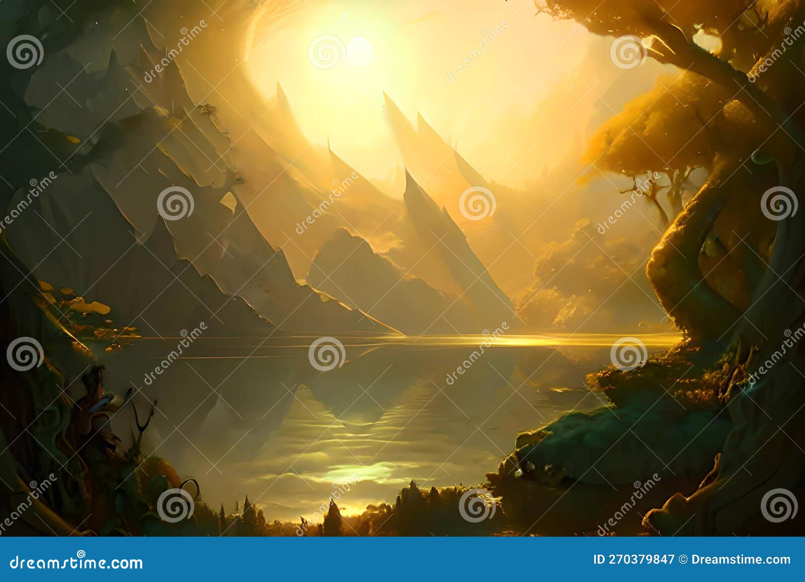 Golden Sky Fantasy Frontier.Generative AI Stock Image - Image of border ...