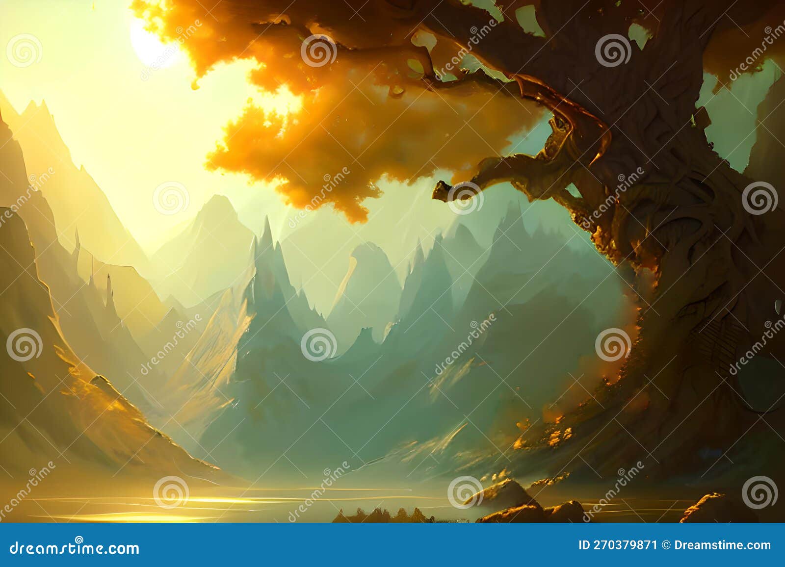 Golden Sky Fantasy Frontier.Generative AI Stock Illustration ...