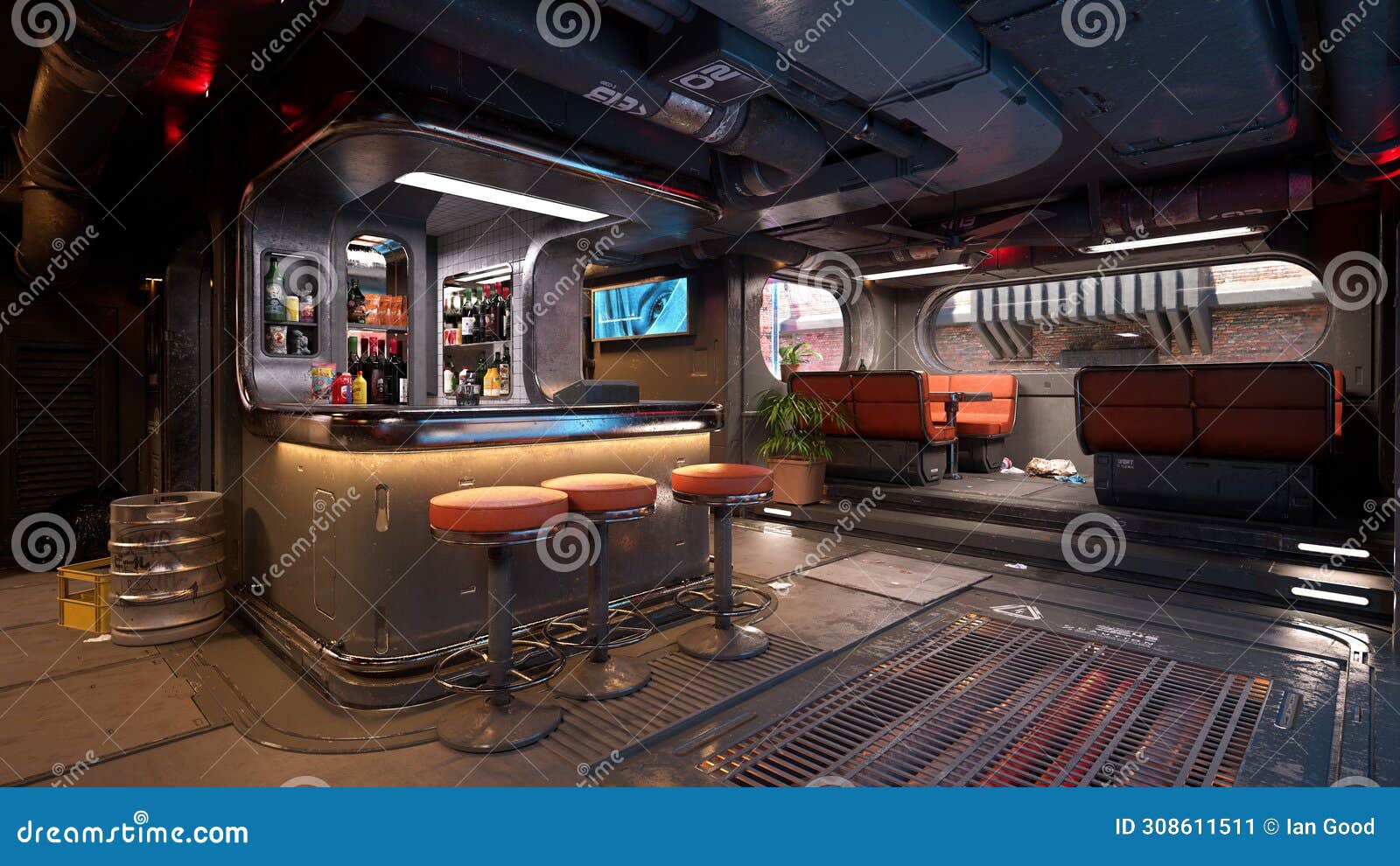 Fantasy Future Cyberpunk Saloon Bar Interior in the Evening. 3D ...
