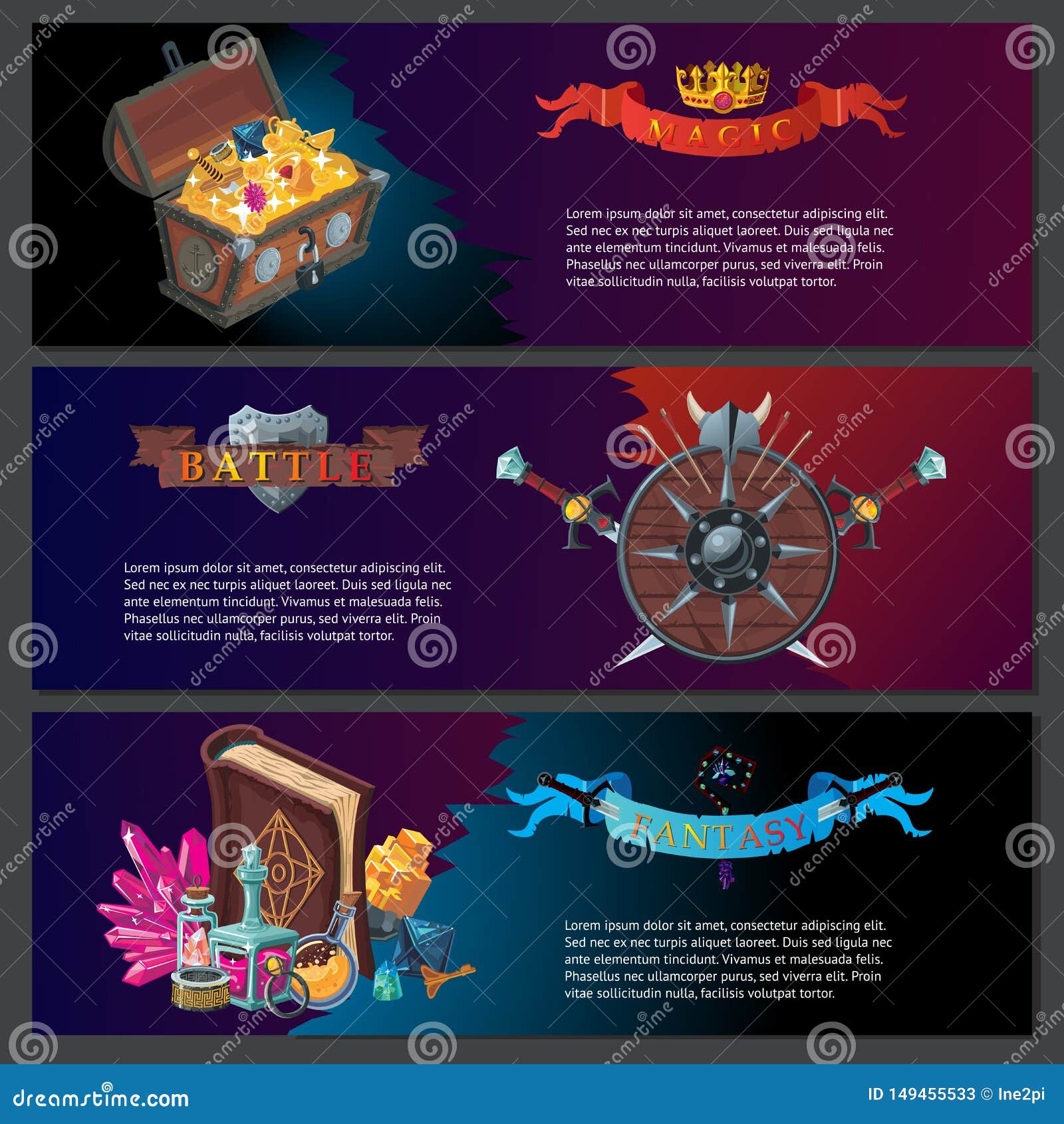 Fantasy Game Horizontal Backgrounds. Magic Equipment. Vector Cartoon ...