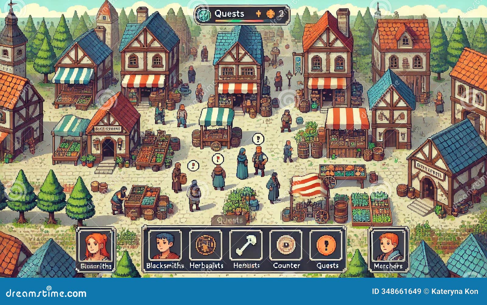 A Pixel Art-style Fantasy Game Interface Set in a Medieval Market, Featuring Vendor Stalls ...