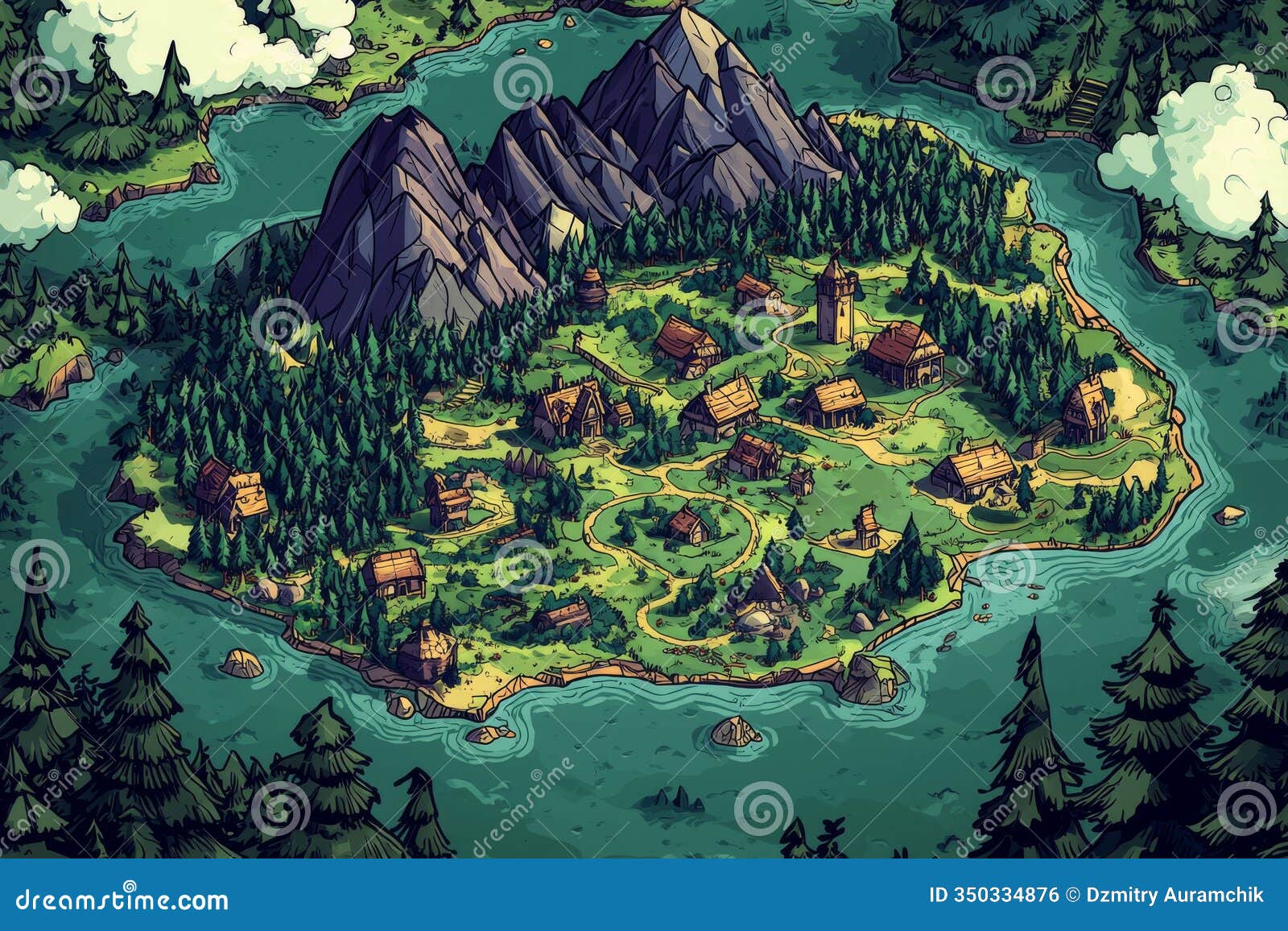 A Fantasy Game Map that Includes a Green Forest, a Path, a Castle, and ...