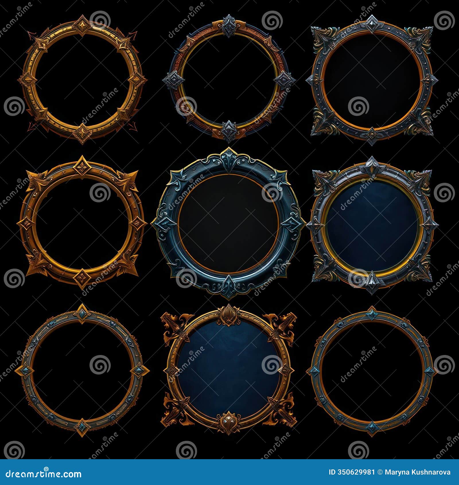 Fantasy Game UI Frames in Round, Square Shapes. Decorative Design ...