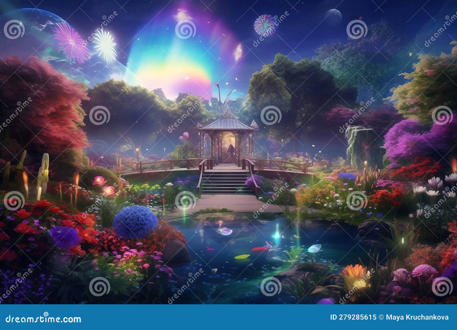 Fantasy Garden with Blooming Flowers and Pond Stock Illustration ...