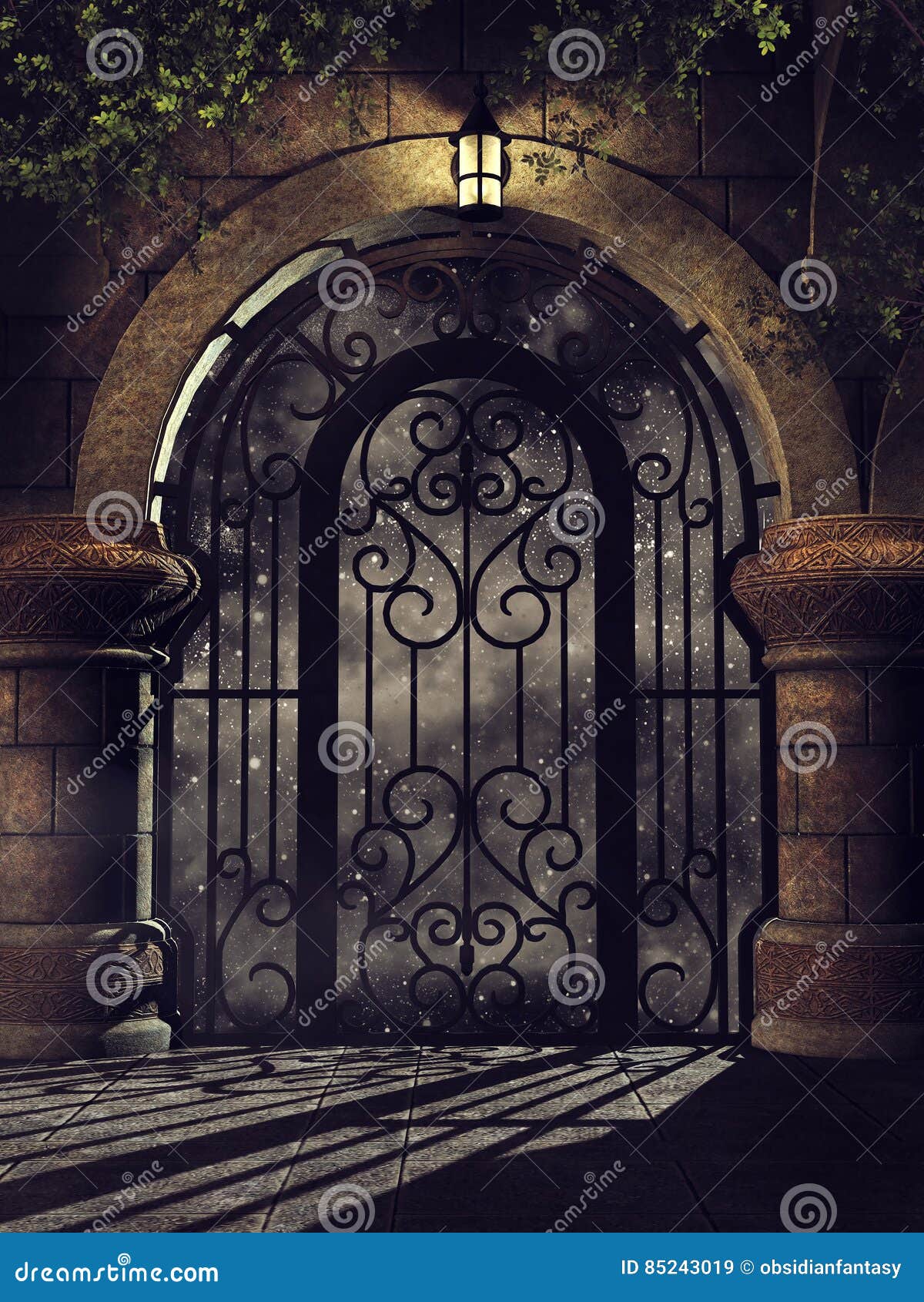 Fantasy gate at night stock illustration. Illustration of colorful ...