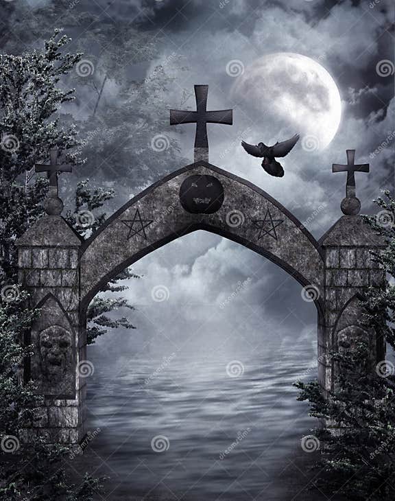 Fantasy gate with a raven stock illustration. Illustration of clouds ...