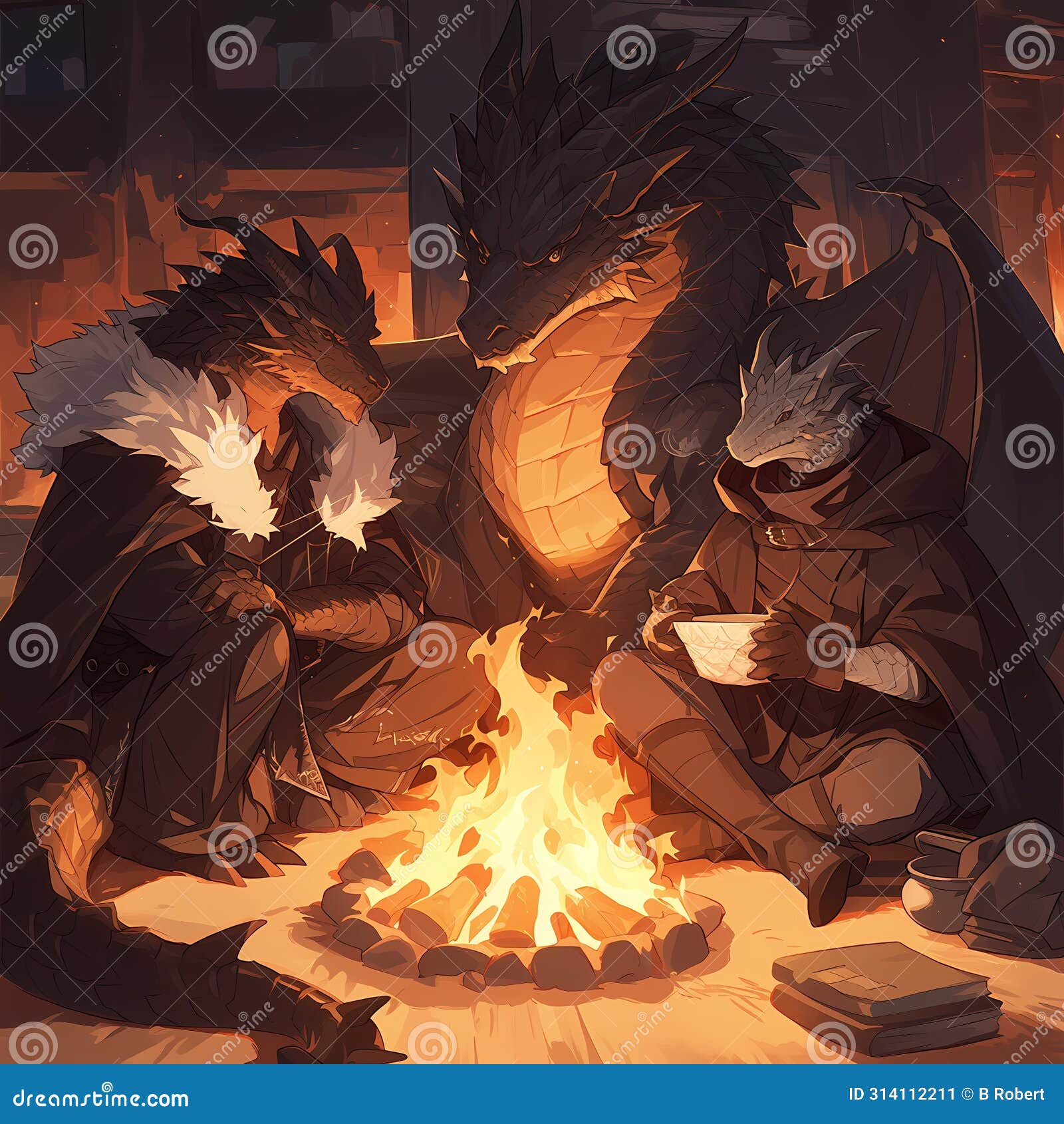 Fantasy Gathering by the Firelight Stock Illustration - Illustration of ...